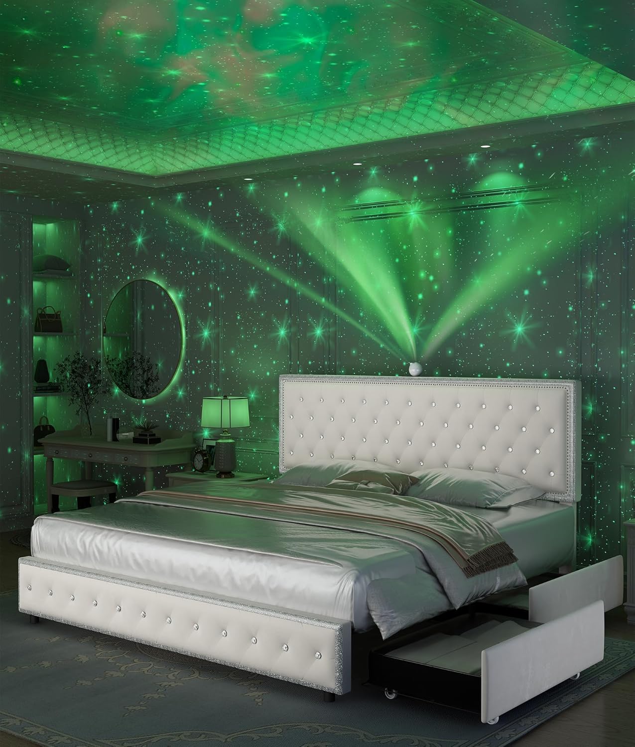 Full Vintage Upholstered Platform Bed Frame with Galaxy Projector ...