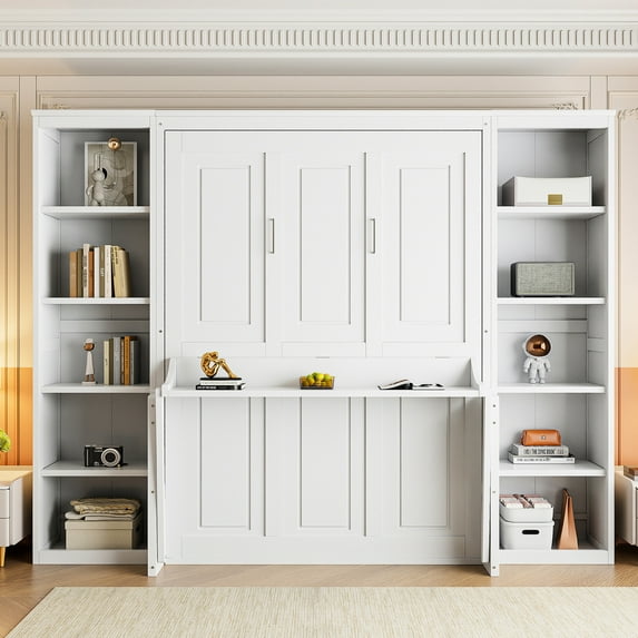 Full White Murphy Bed with Bookshelf / Solid Construction, No Spring ...