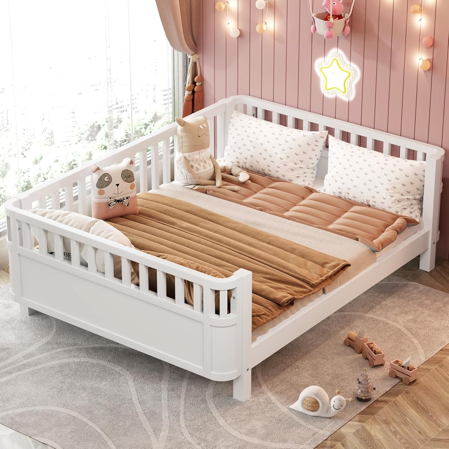Full White Toddler Bed Frame with Safety Rails, Low Montessori Floor ...