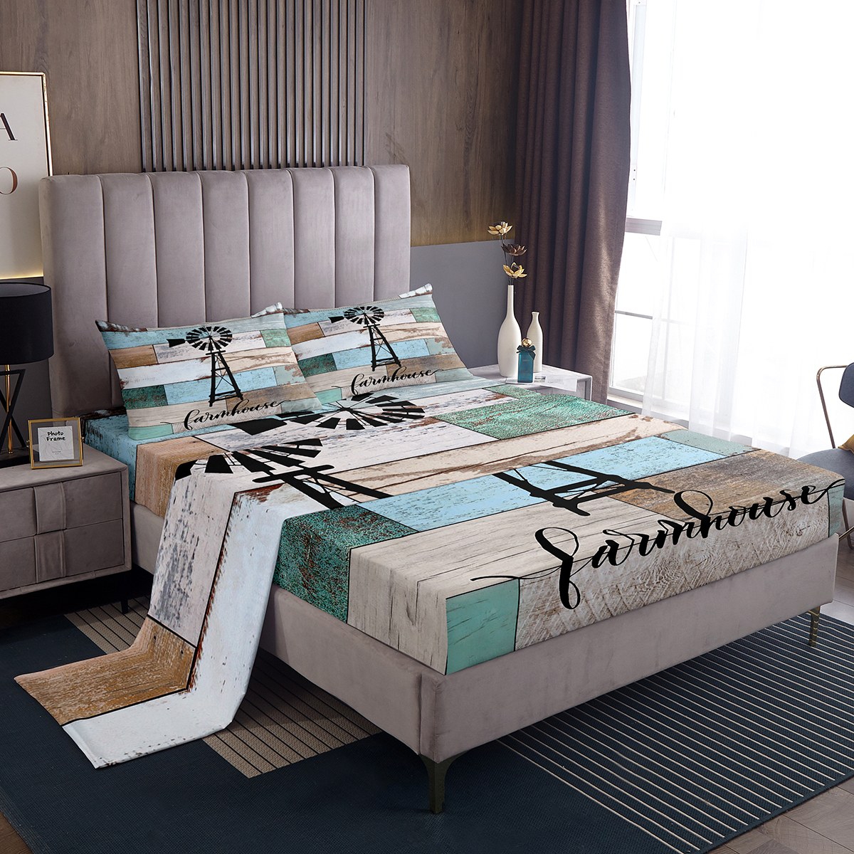 Full Windmill Bed Sheets Set, Rustic Farmhouse Sheets Cabin Room Decor ...