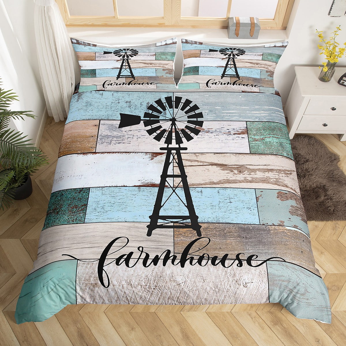 Full Windmill Duvet Cover, Rustic Farmhouse Bedding Set Cabin Room ...
