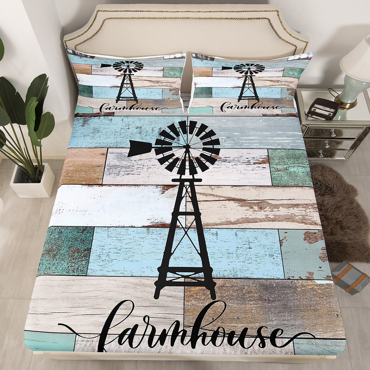 Full Windmill Fitted Sheet, Rustic Farmhouse Bedding Set Cabin Room ...