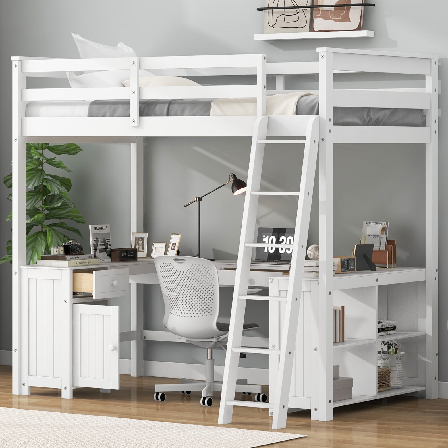 Full Wood Loft Bed with L-Shaped Desk, Loft Bed Frame Twin Size with 5 ...