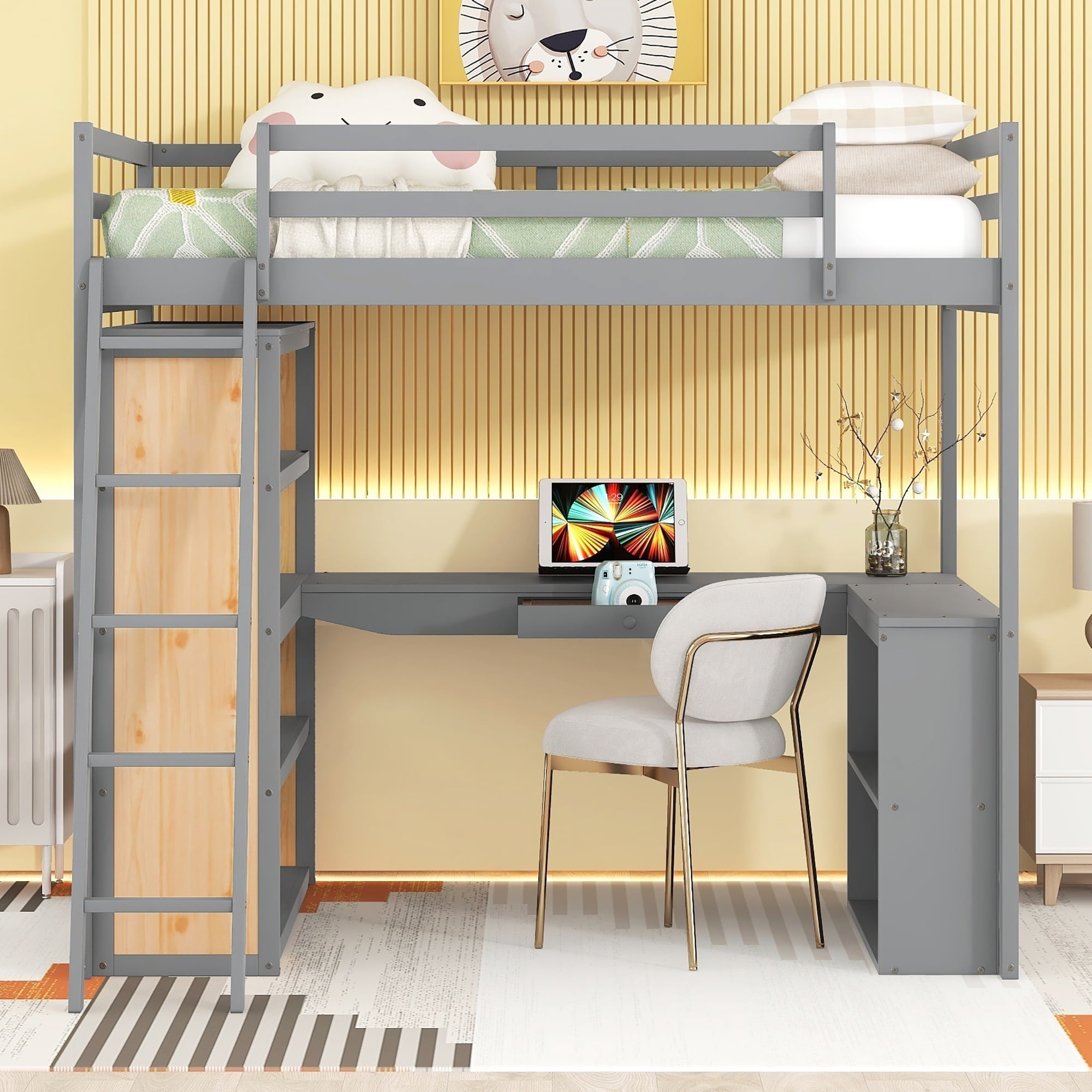 Full Wood Loft Bed with Ladder and Guard Rail, Loft Bed with Storage ...