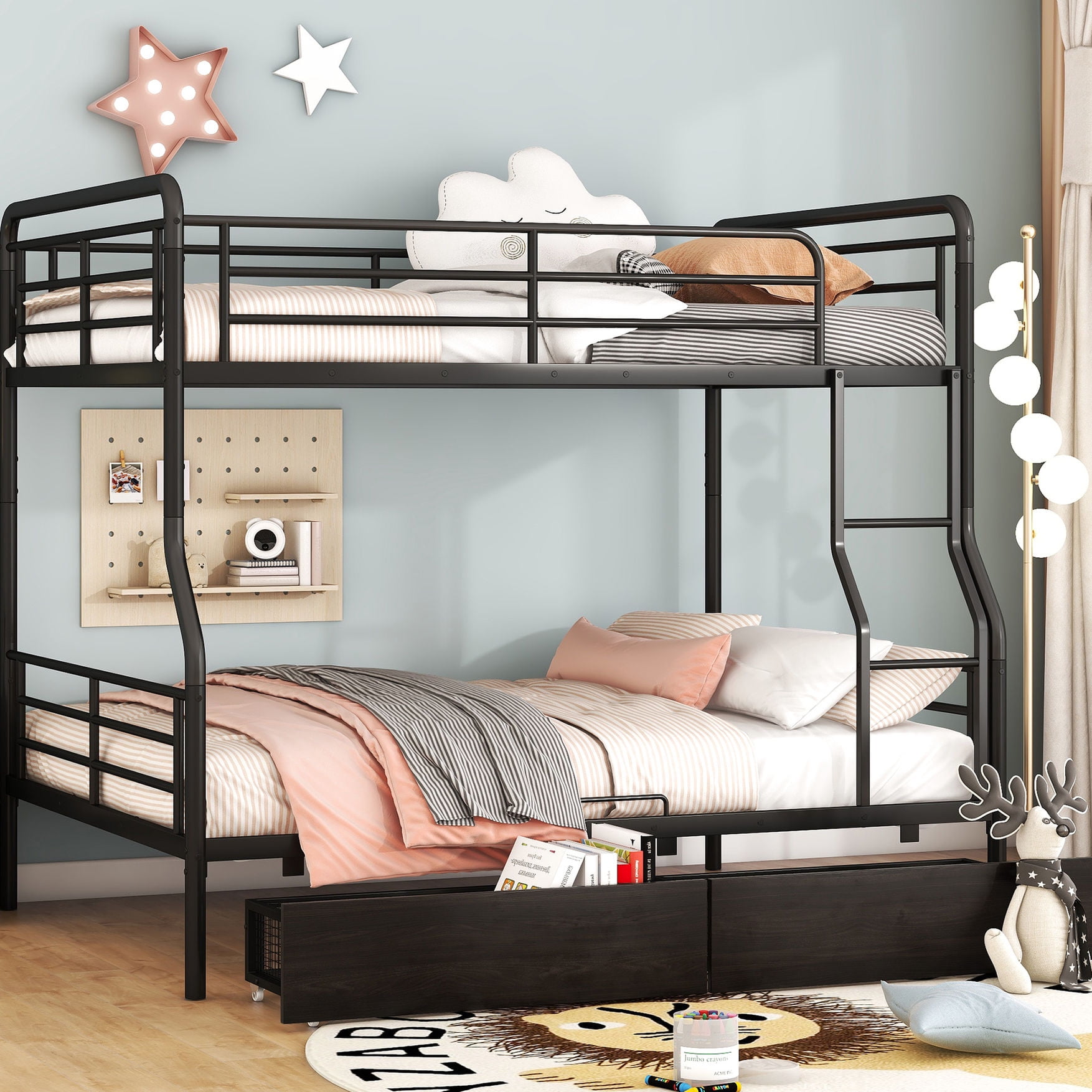 Full XL Over Queen Bunk Bed / Contemporary Style with Iron Frame / A ...