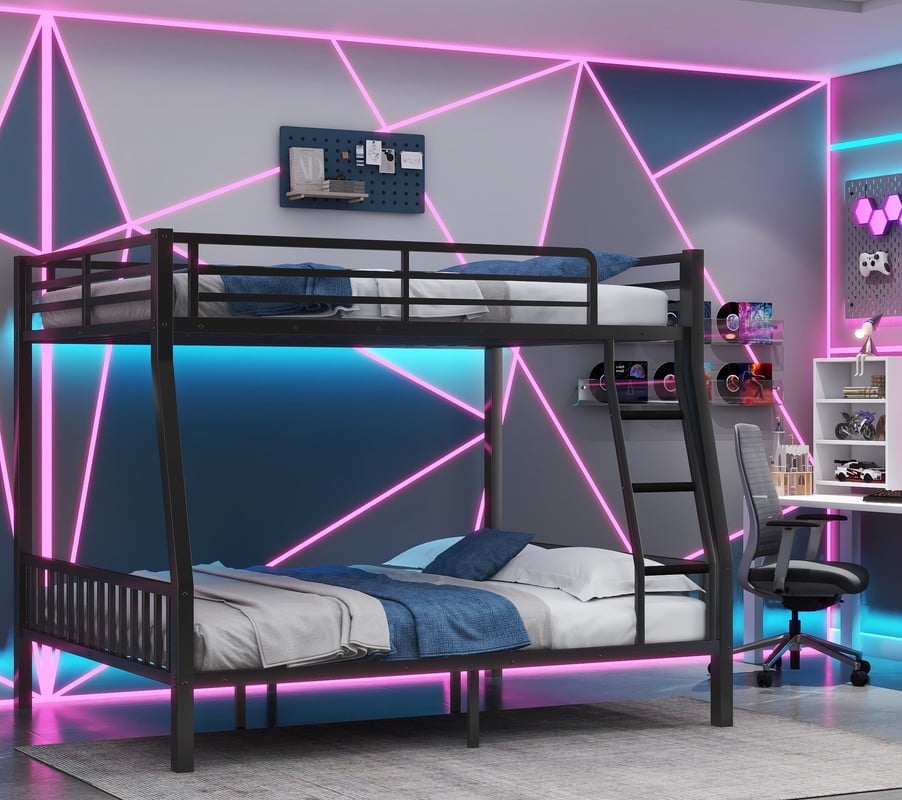 Full XL Over Queen Bunk Bed with High Guardrail and Slats Support ...