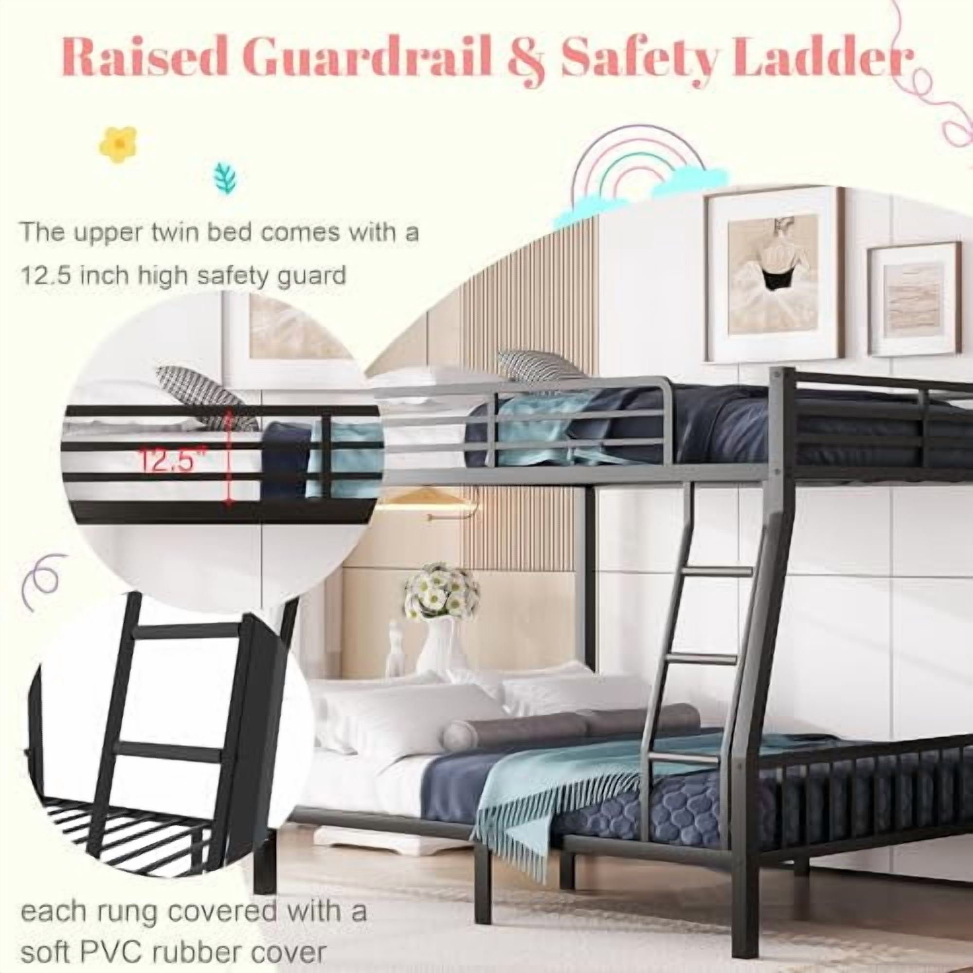 Full XL Over Queen Bunk Bed for Adults, Heavy-Duty Metal Bunk Bed Frame ...