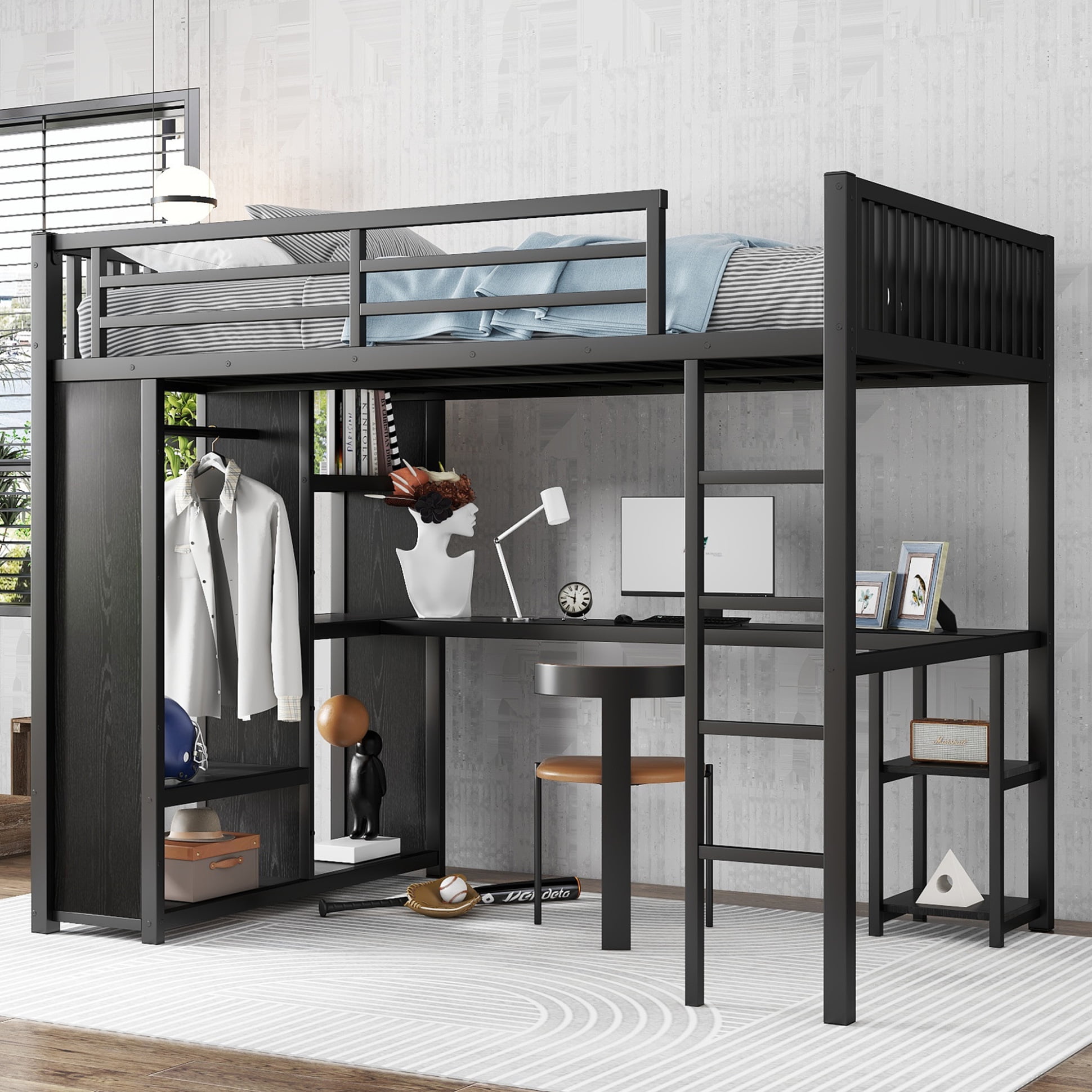 Full XL Size Loft Bed with Desk for Kids Bedroom, Heavy Duty Metal Loft ...