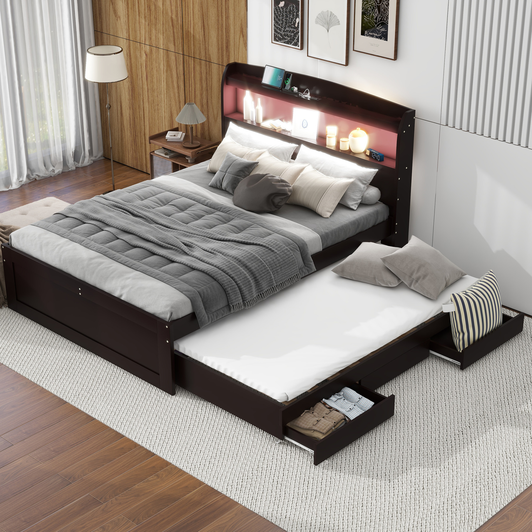 Full XL Size Platform Bed with Twin Size Trundle, Full Size Bed with 2 ...