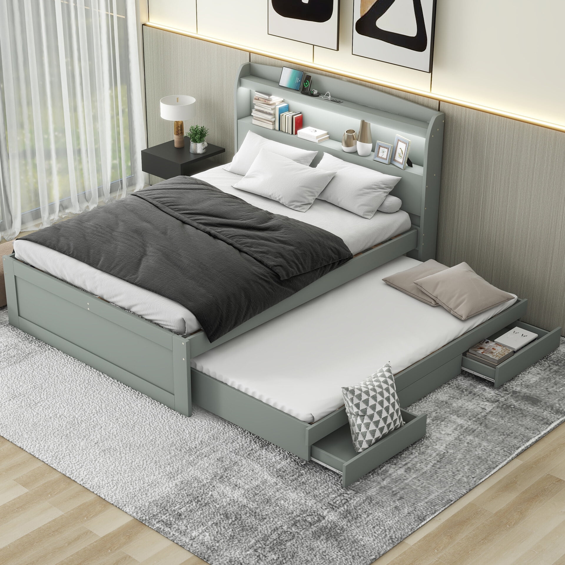 Full XL Size Platform Bed with Trundle & Storage LED Headboard, Wood ...