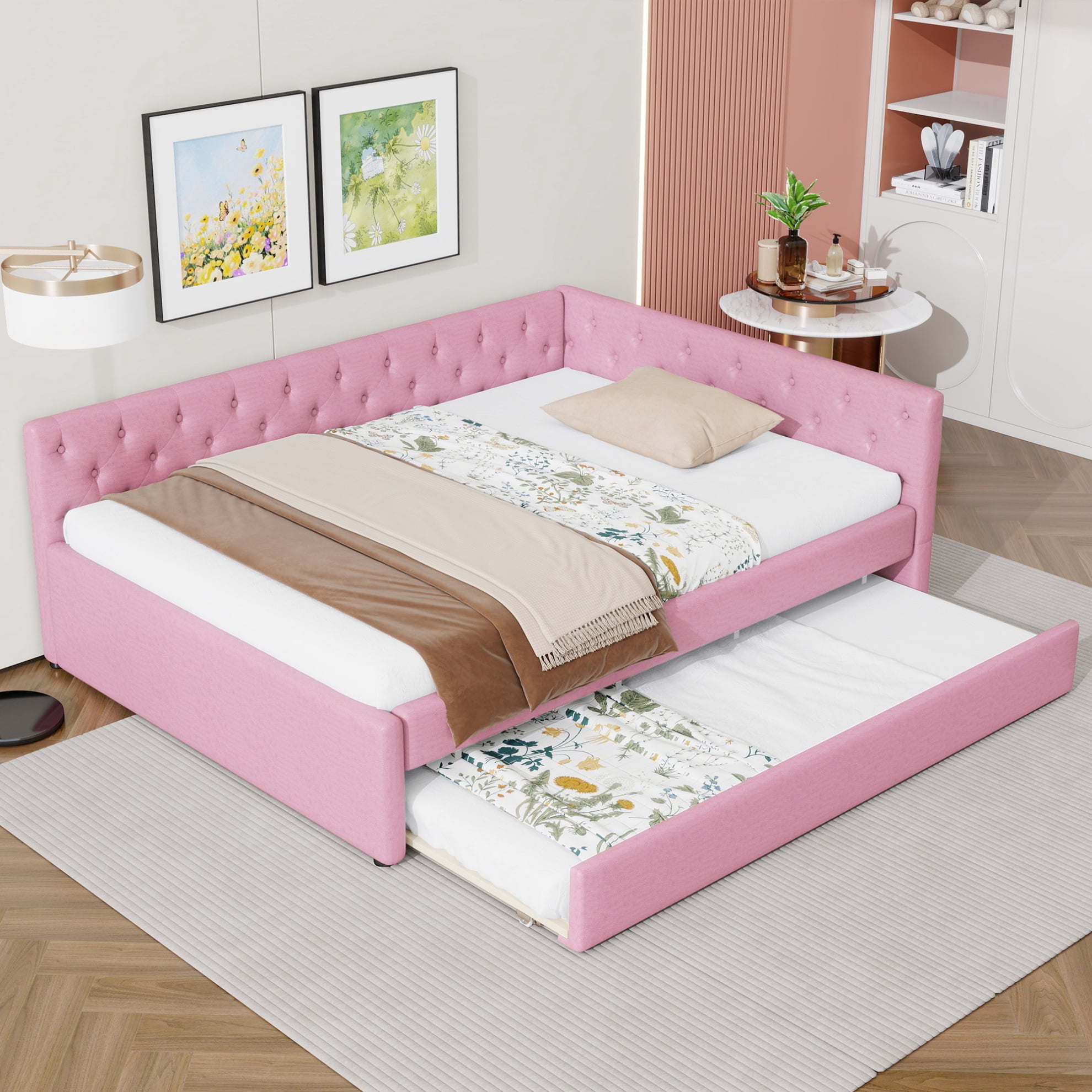 Full XL Size Upholstered Tufted Button Platform Bed with Twin XL ...