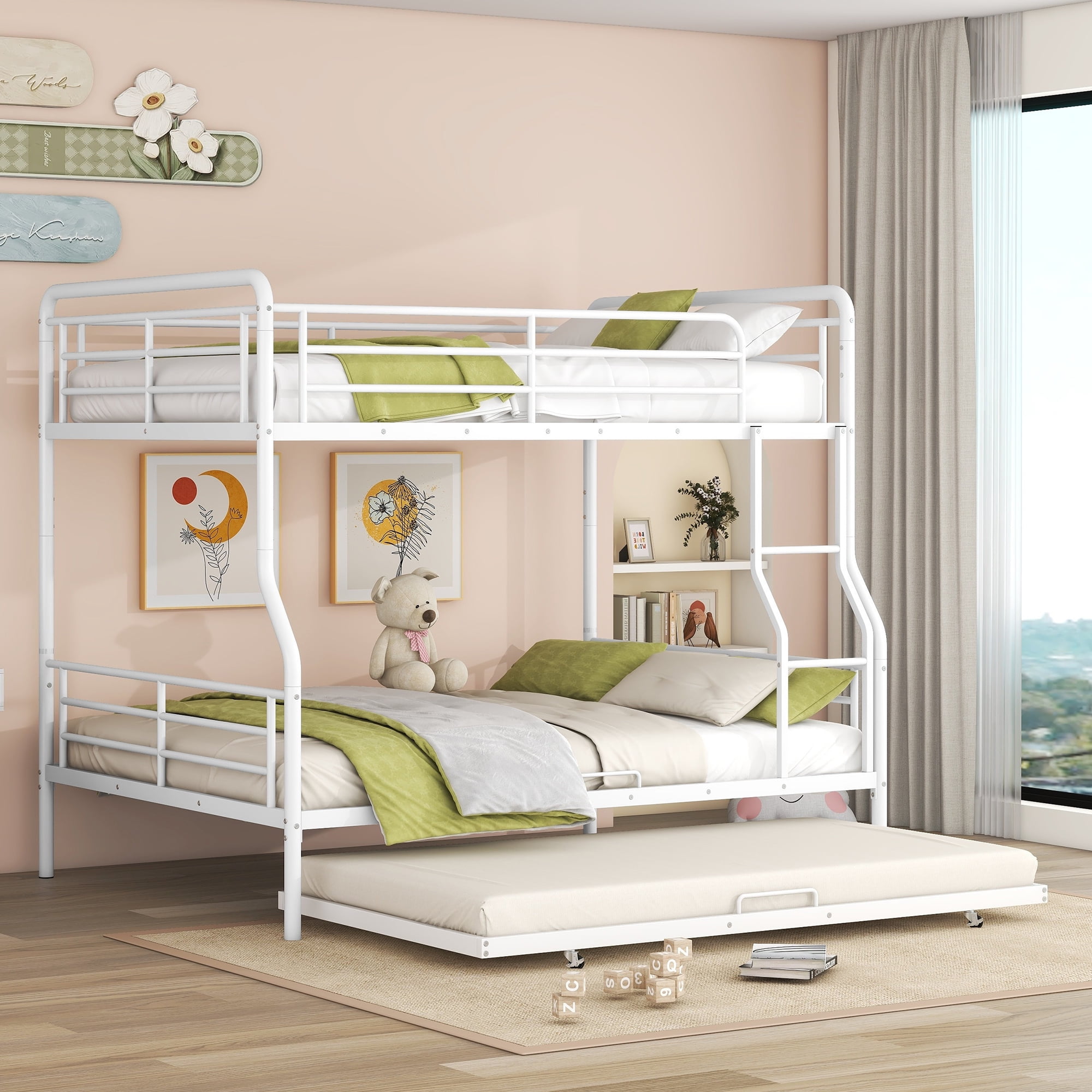 Full Xl Over Queen Metal Bunk Bed with Twin Size Trundle,White,White ...