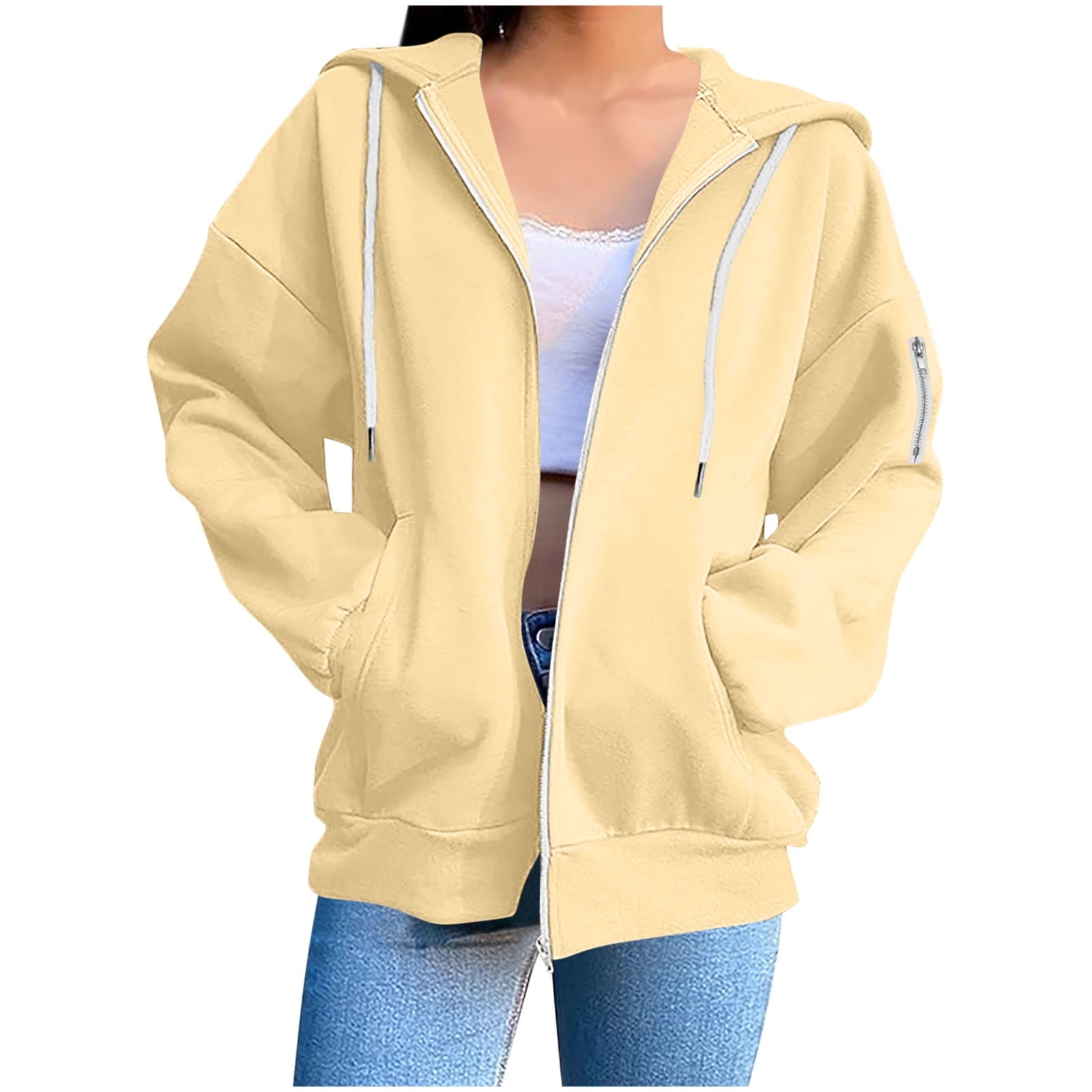 Full Zip Jackets Women Drawstring Hooded Zipper Sweatshirt Solid Color ...