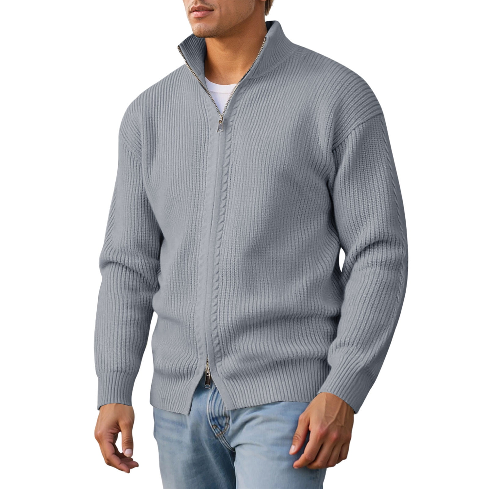 Full Zip Up Sweaters for Men Winter Stand Collar Knitted Ribbed ...