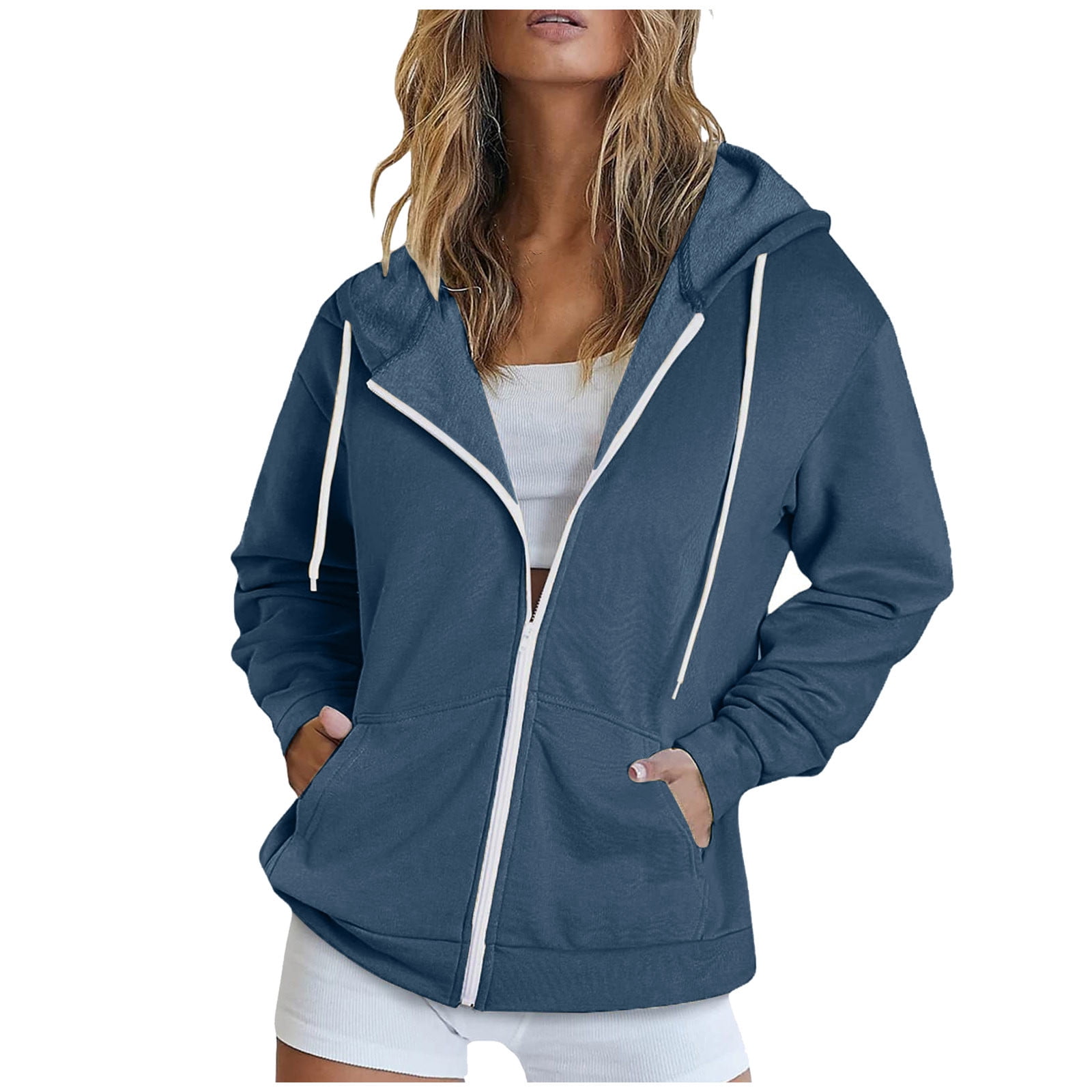 Full Zip-up Jackets with Pockets for Women Cotton Fleece Plain Hoodie Outwear Drawstring Hooded ...