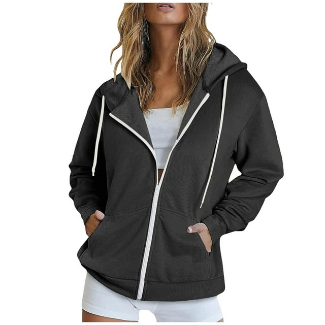 Full Zip-up Jackets with Pockets for Women Cotton Fleece Plain Hoodie ...