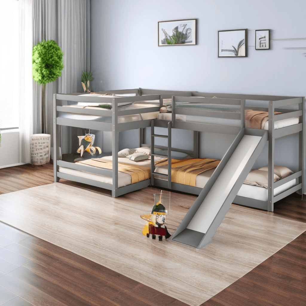 Full and Twin Size L-Shaped Bunk Bed Frame with Slide and Short Ladder ...