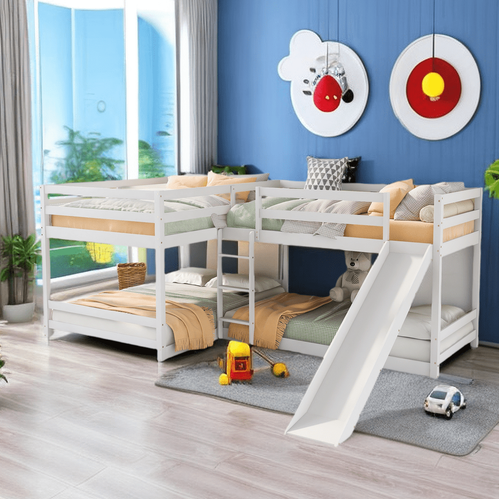 Full and Twin Size L-Shaped Bunk Bed Frame with Slide and Short Ladder ...