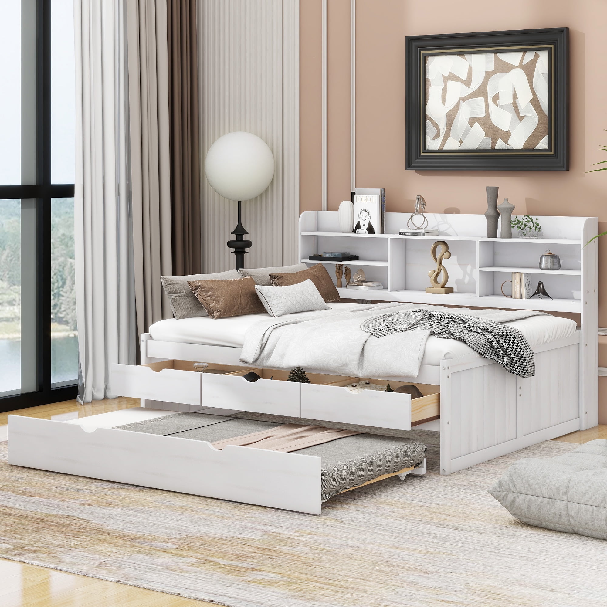 Euroco Full Size Captain Bed with Storage Included Daybed with Trundle Bookshelf 3 Drawers and Shelf Platform Bed White Size Full