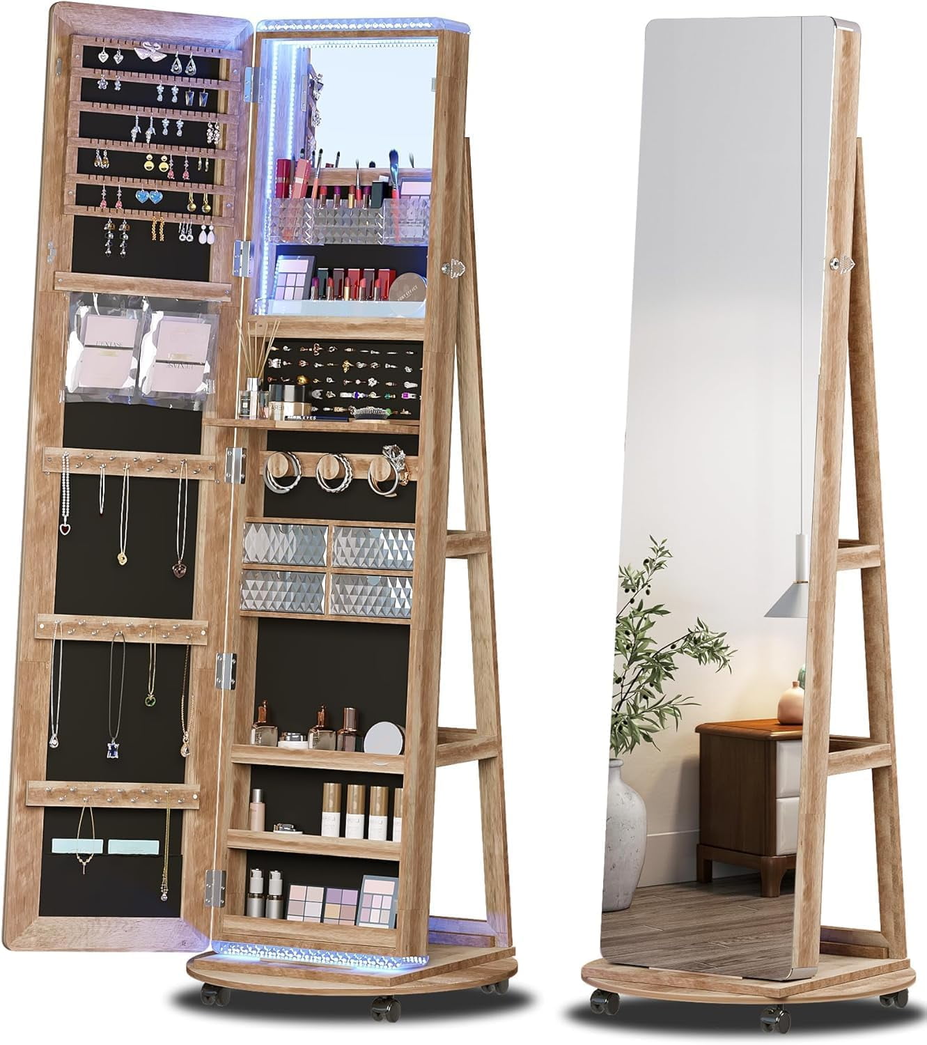 Full-length Mirror with Jewelry Storage, 360° Swivel Jewelry Armoire ...