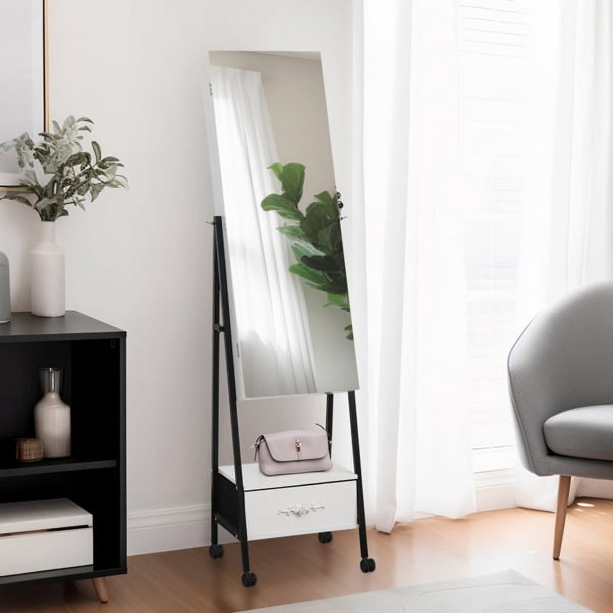 Full mirror wooden floor style, with 1 large drawer, 4 wheels, white ...