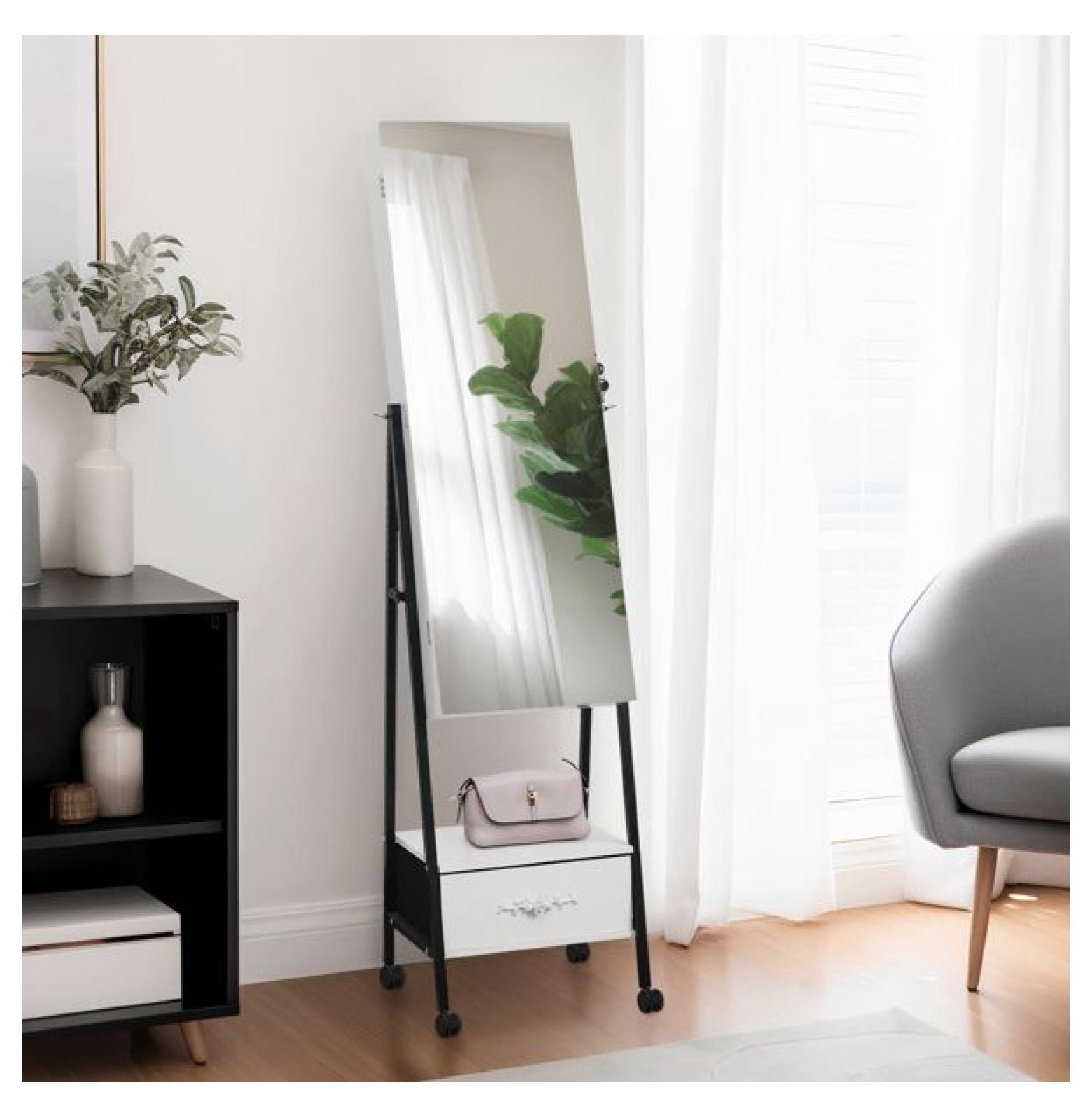 Full mirror wooden floor style, with 1 large drawer, 4 wheels, white ...