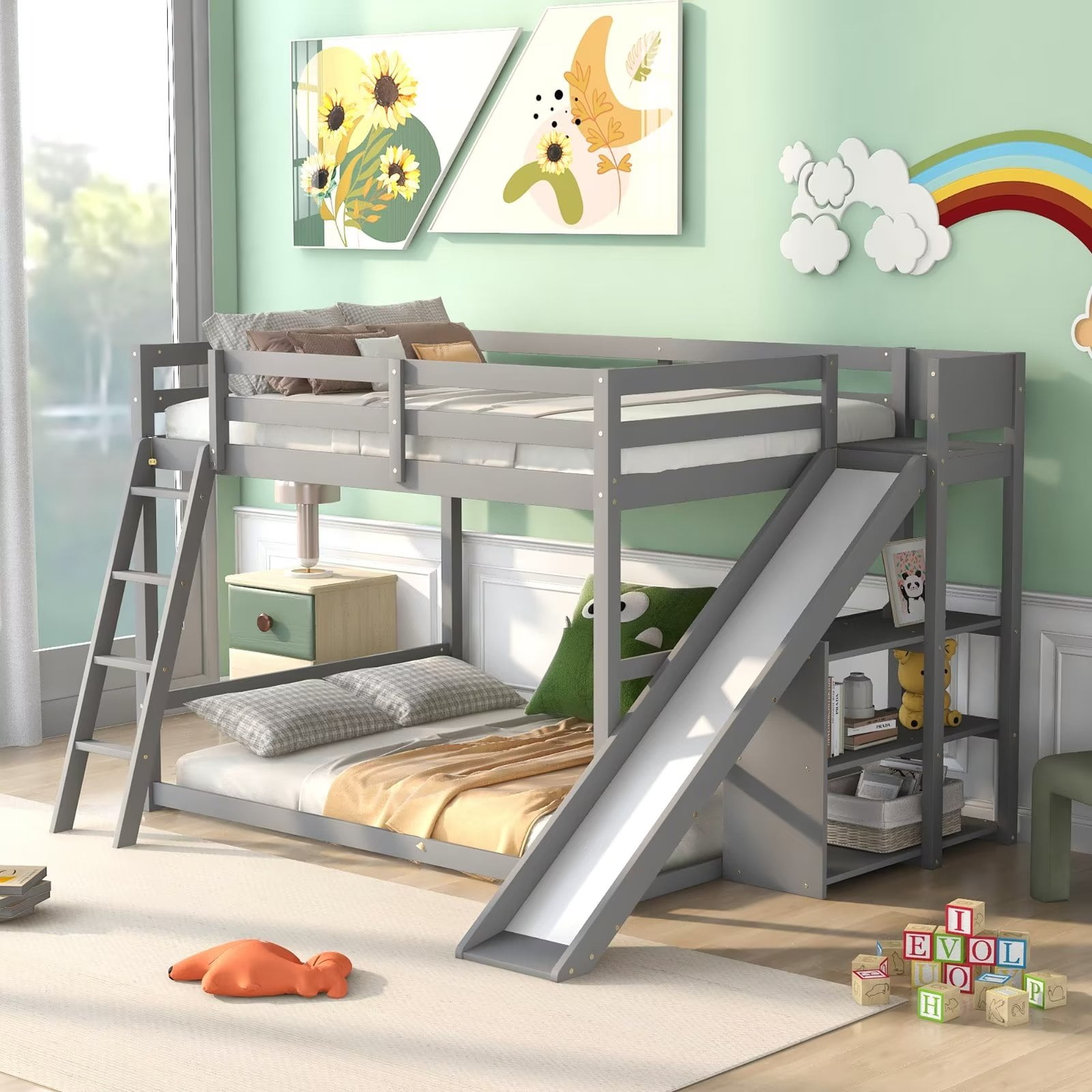 Full over Full Bunk Bed Frame with Ladder, Slide and Shelves, Modern ...