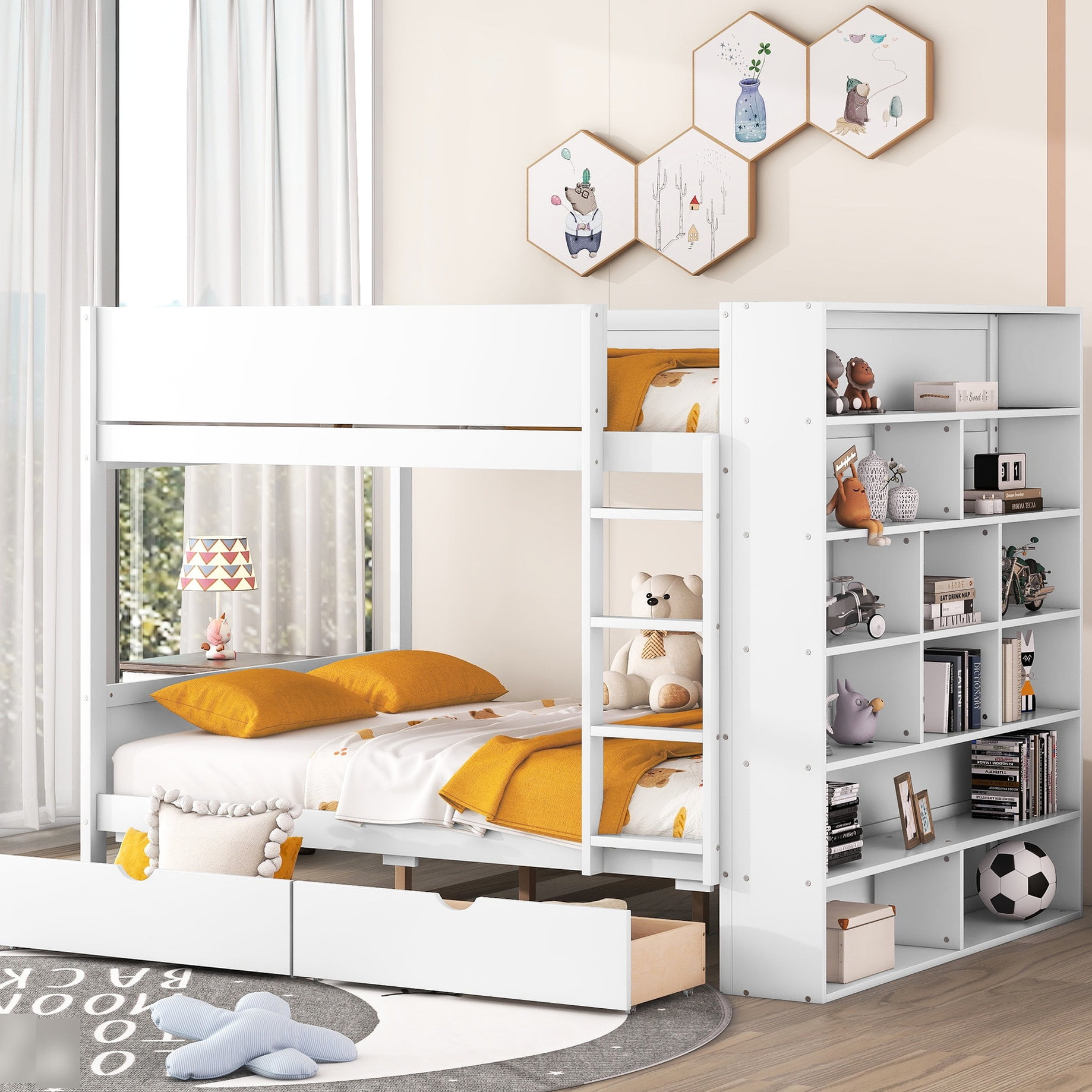 Full over Full Bunk Bed | White, With 2 Drawers and Multi - layer ...