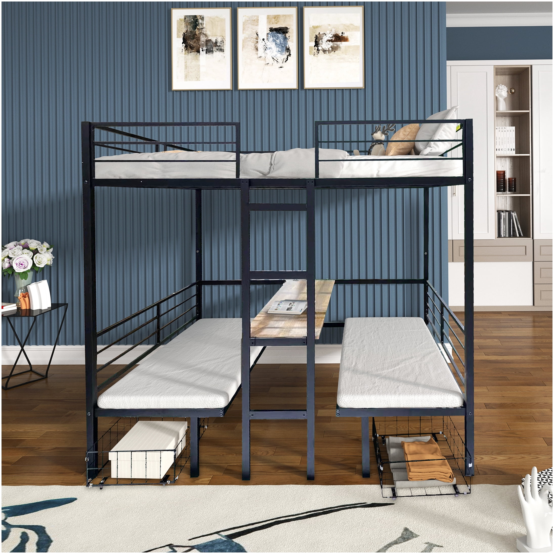 Full over Full Bunk Bed with Desk, Black Metal Loft Bed with Benches ...
