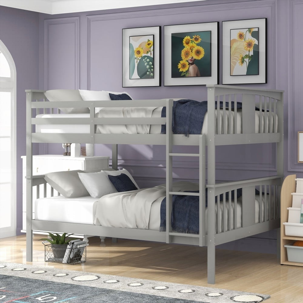 Full over Full Bunk Bed with Ladder for Bedroom|Gray, Solid Wood ...
