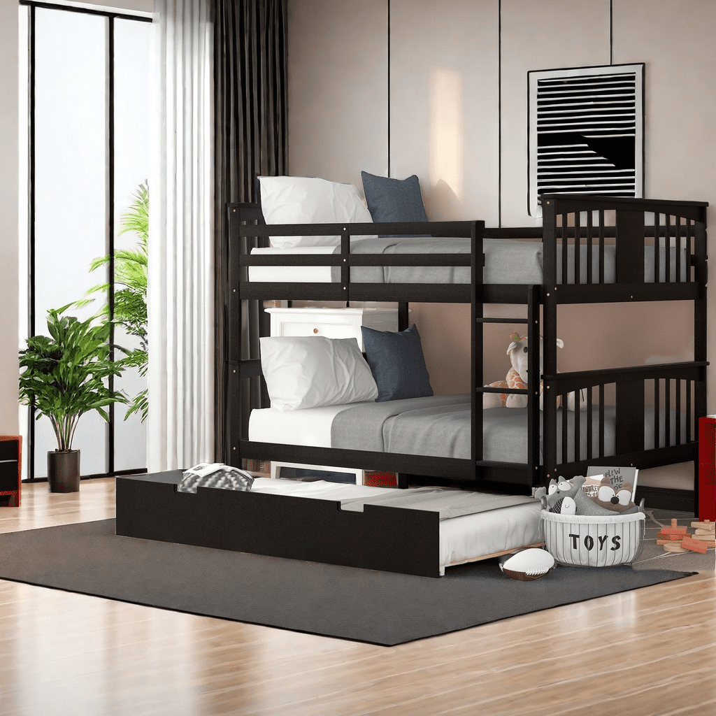 Full over Full Bunk Bed with Trundle, Solid Wood Bunk Bed with Ladder ...