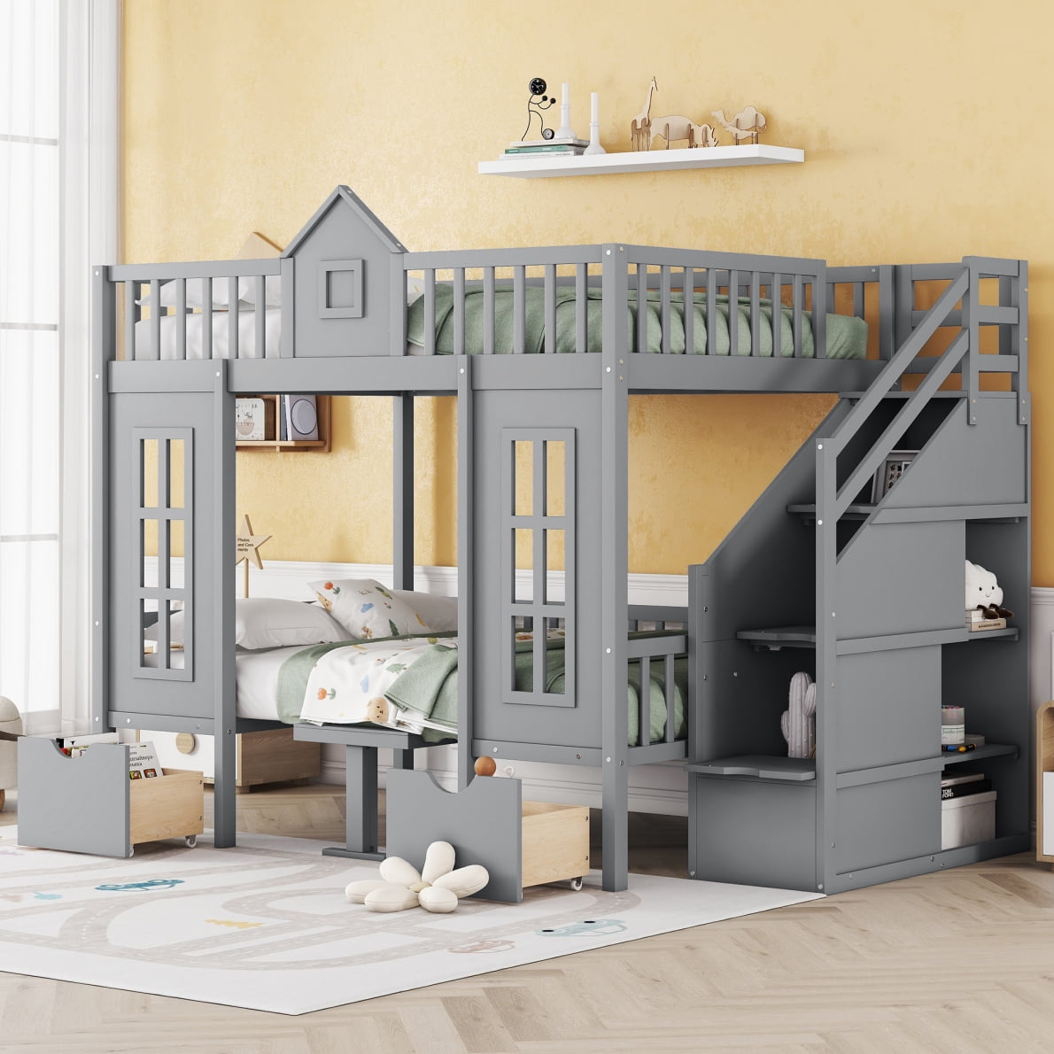 Full-over-Full Fence-Shaped Bunk Bed with Changeable Table for Kids ...