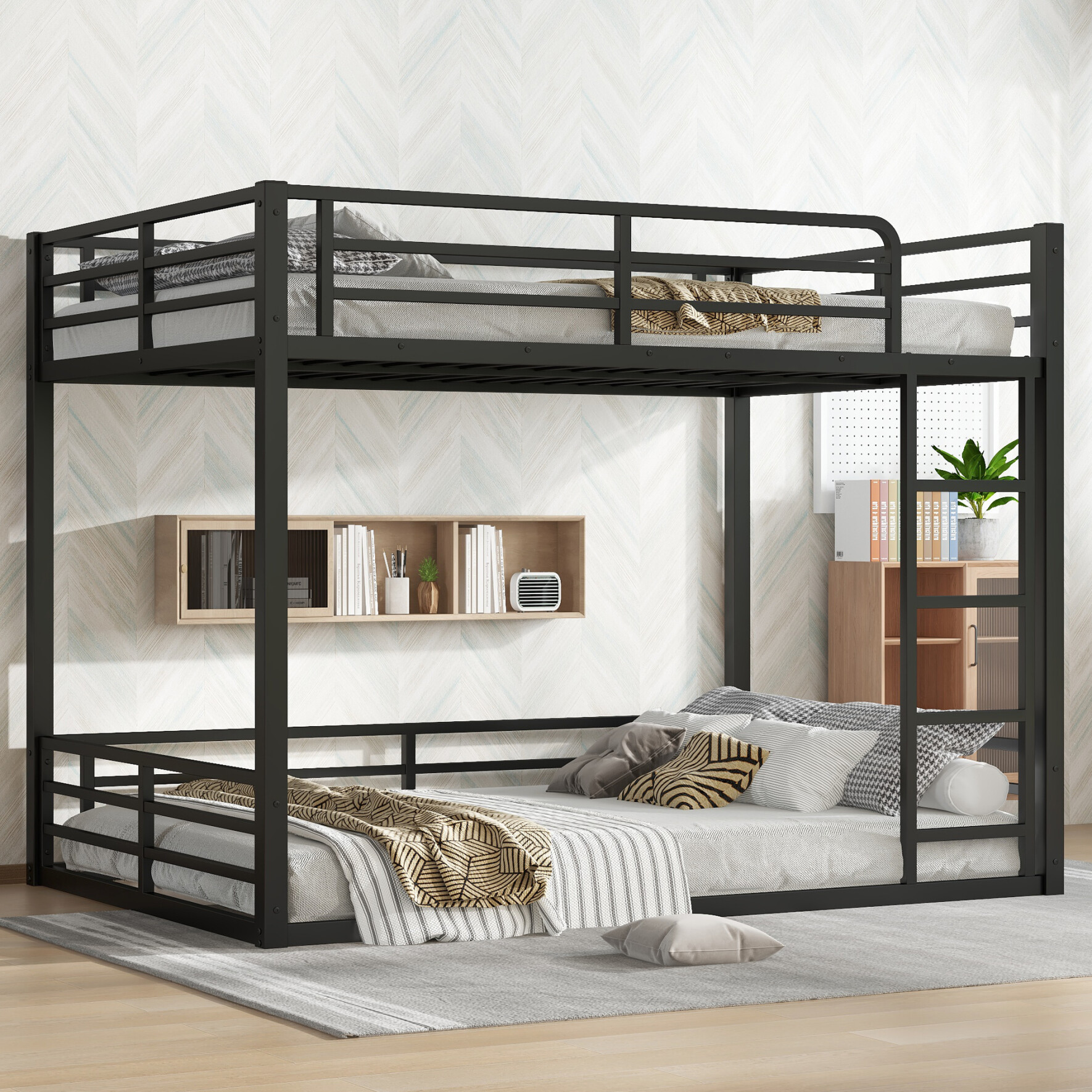 Full over Full Floor Bunk Beds, Heavy Duty Metal Bunk Bed with Safety ...
