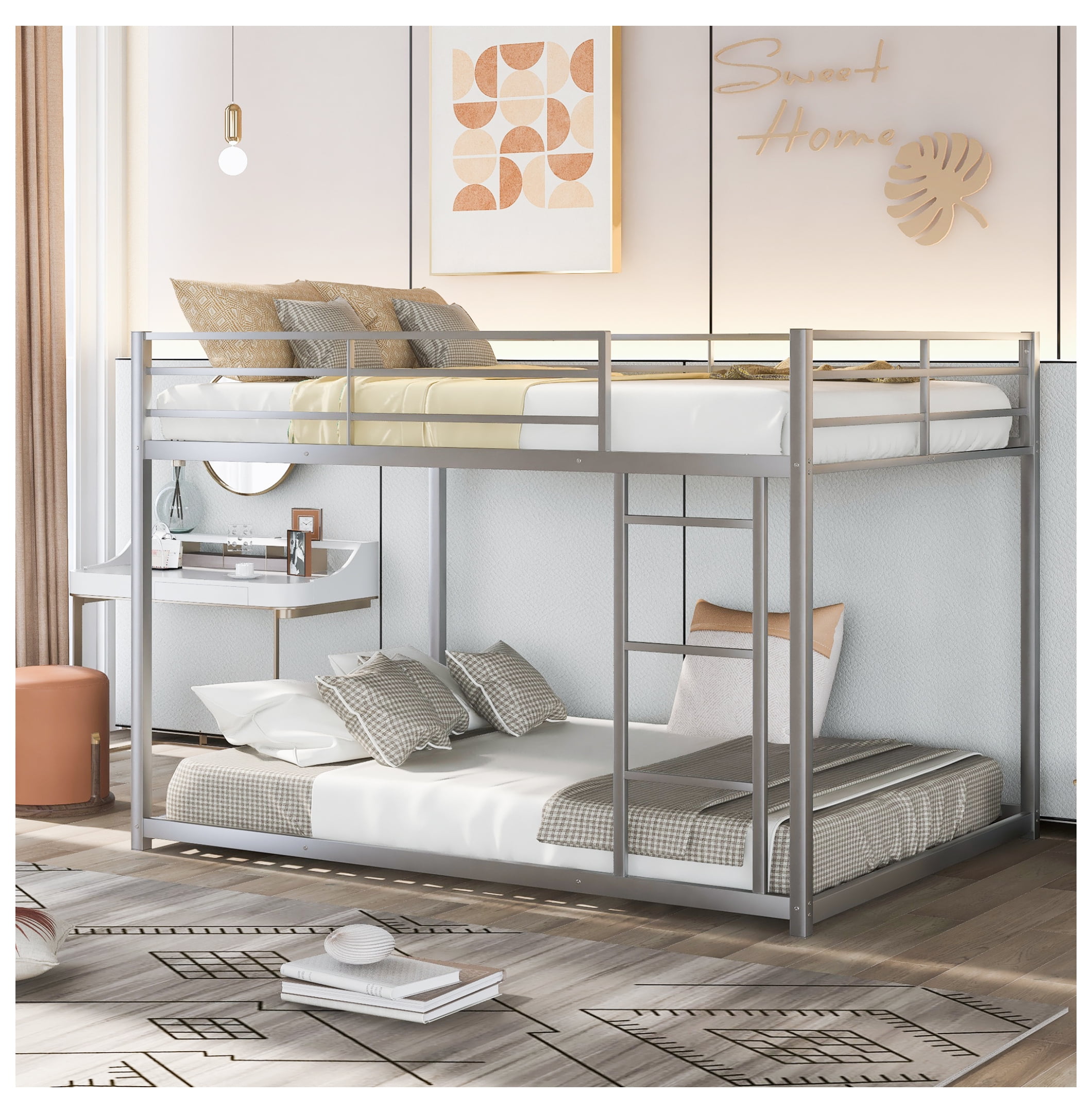 Full over Full Metal Bunk Bed, Low Bunk Bed with Ladder, Silver(Old SKU ...