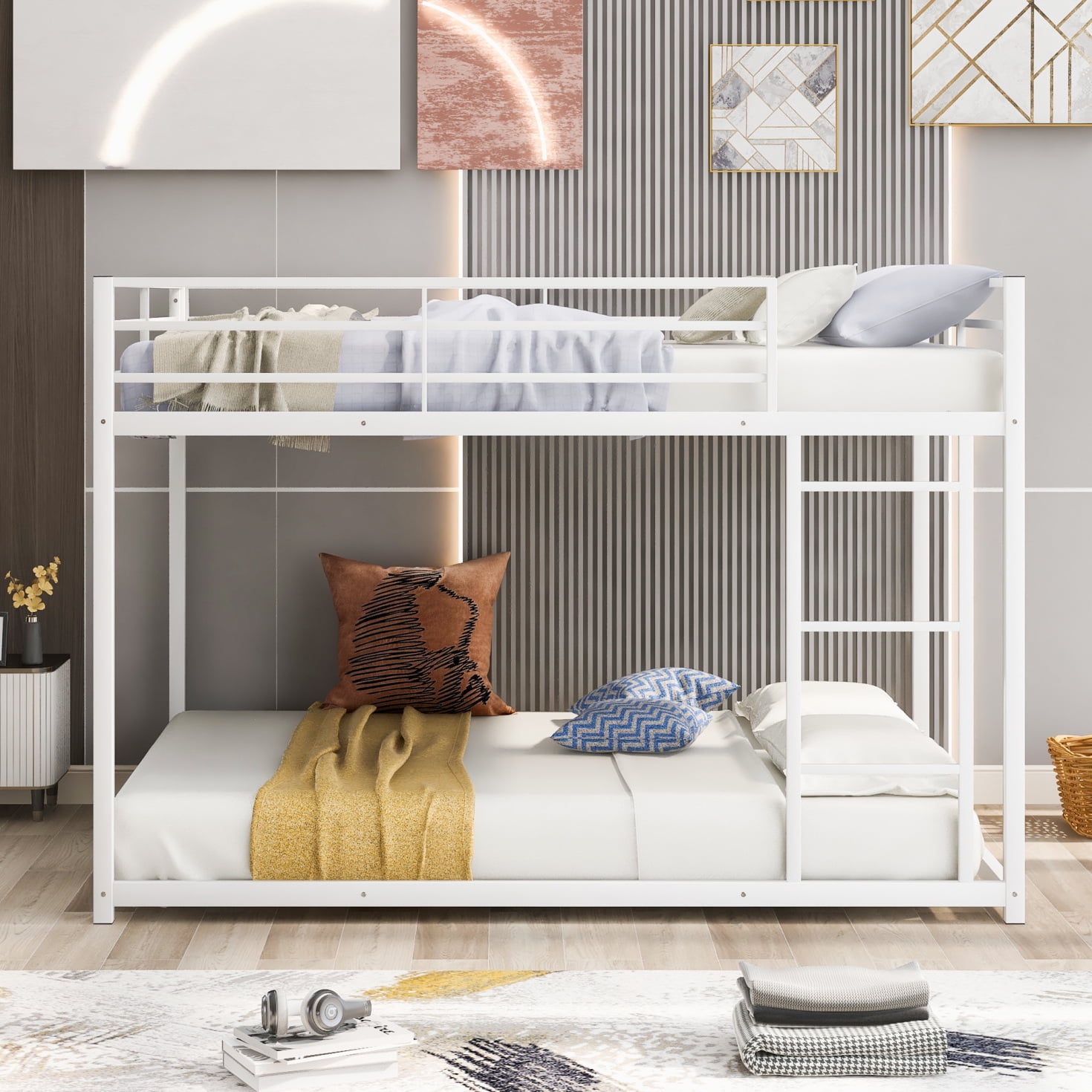 Full over Full Metal Bunk Bed, Low Bunk Bed with Ladder Full over Full Metal Bunk Bed, Low Bunk Bed with Ladder