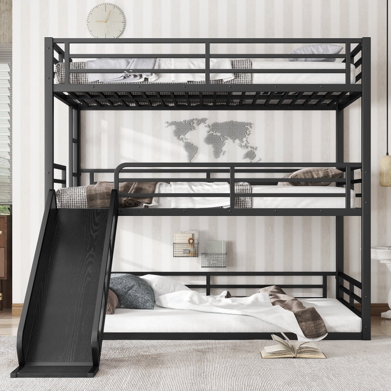 Full over Full over Full Triple Bunk Bed with Slide, Heavy Duty Metal ...