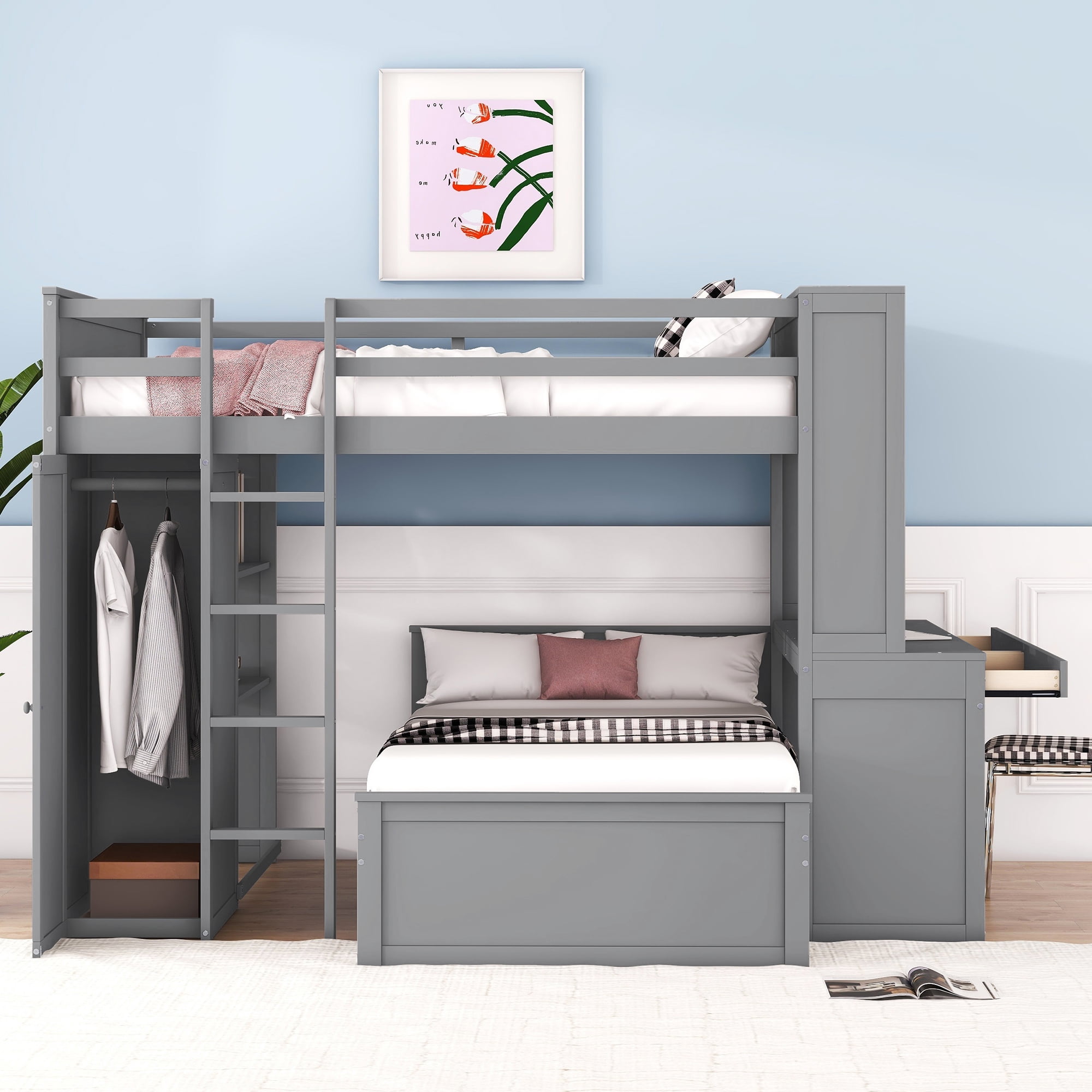 Full over Twin Loft Bed – 600LB Capacity – Built-in Wardrobe & Desk ...