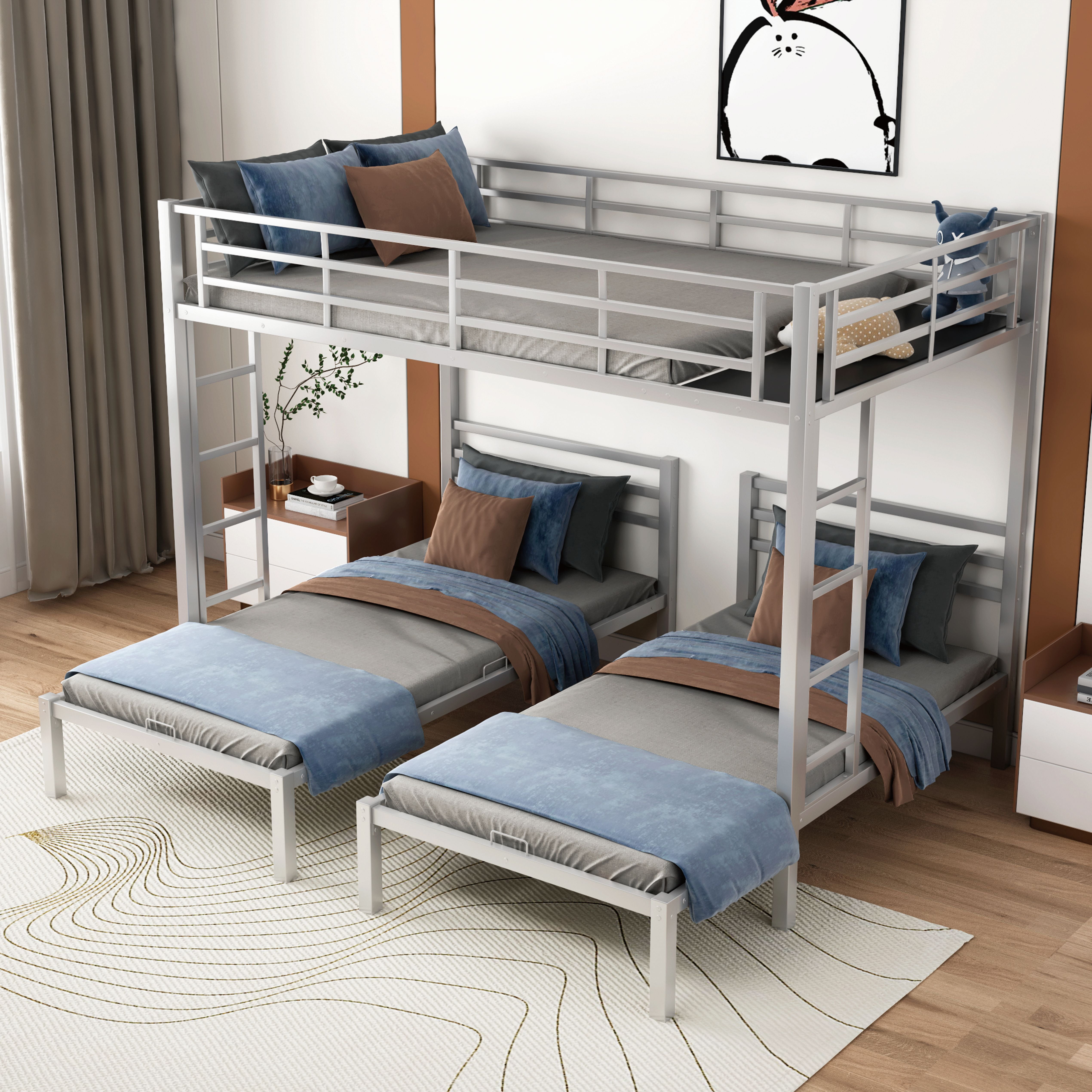 Full over Twin&Twin Size Bunk Bed with Built-in Shelf, Silver - Walmart.com