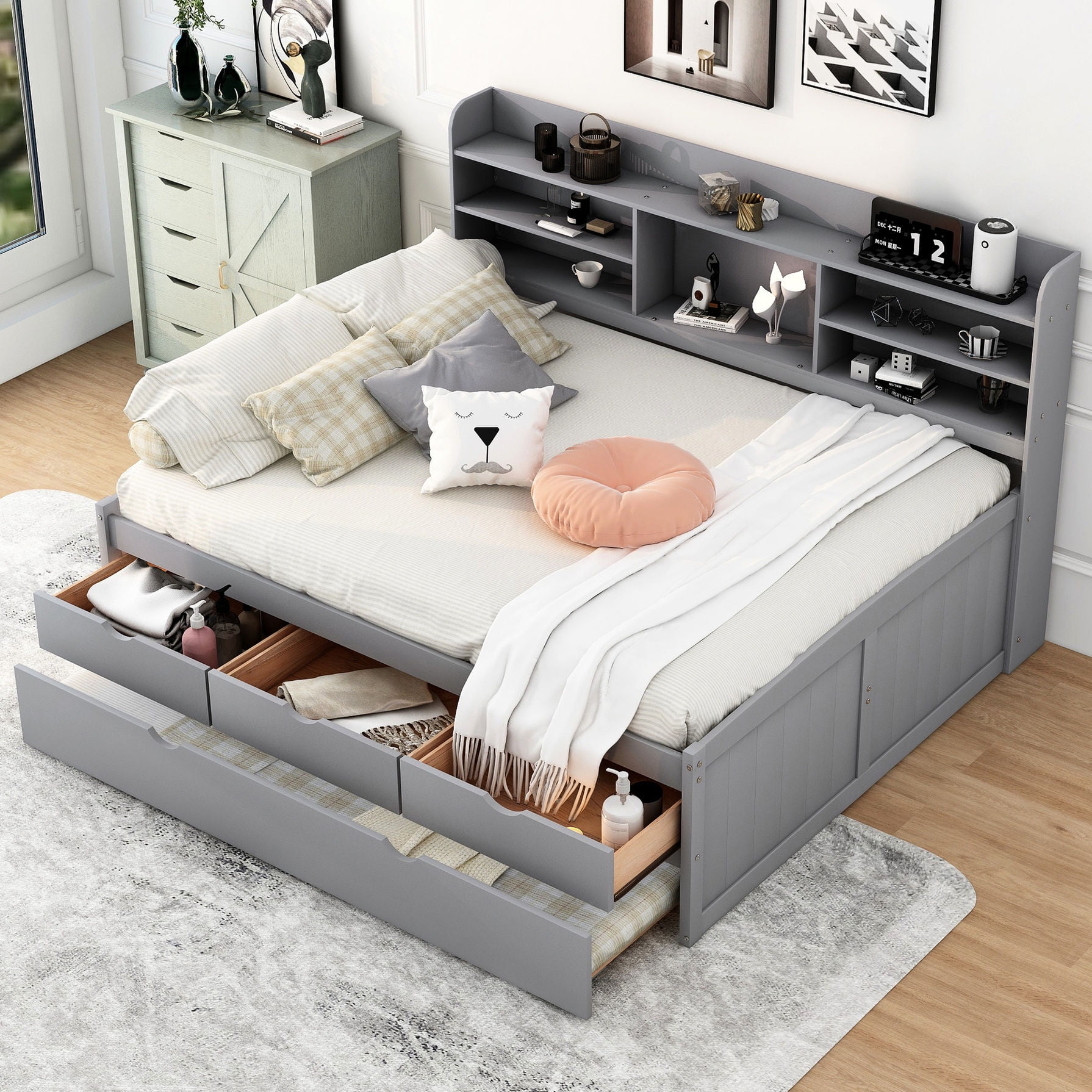 Full-size Bed with Pull-out Trundle and Bookcase | Suitable for ...