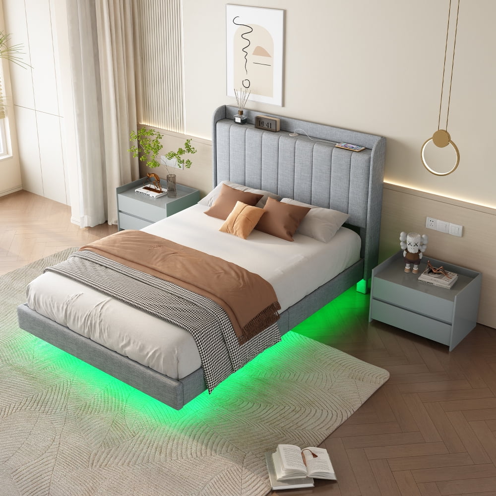Full size Floating Bed Frame,with Remote control LED Lights with APP ...