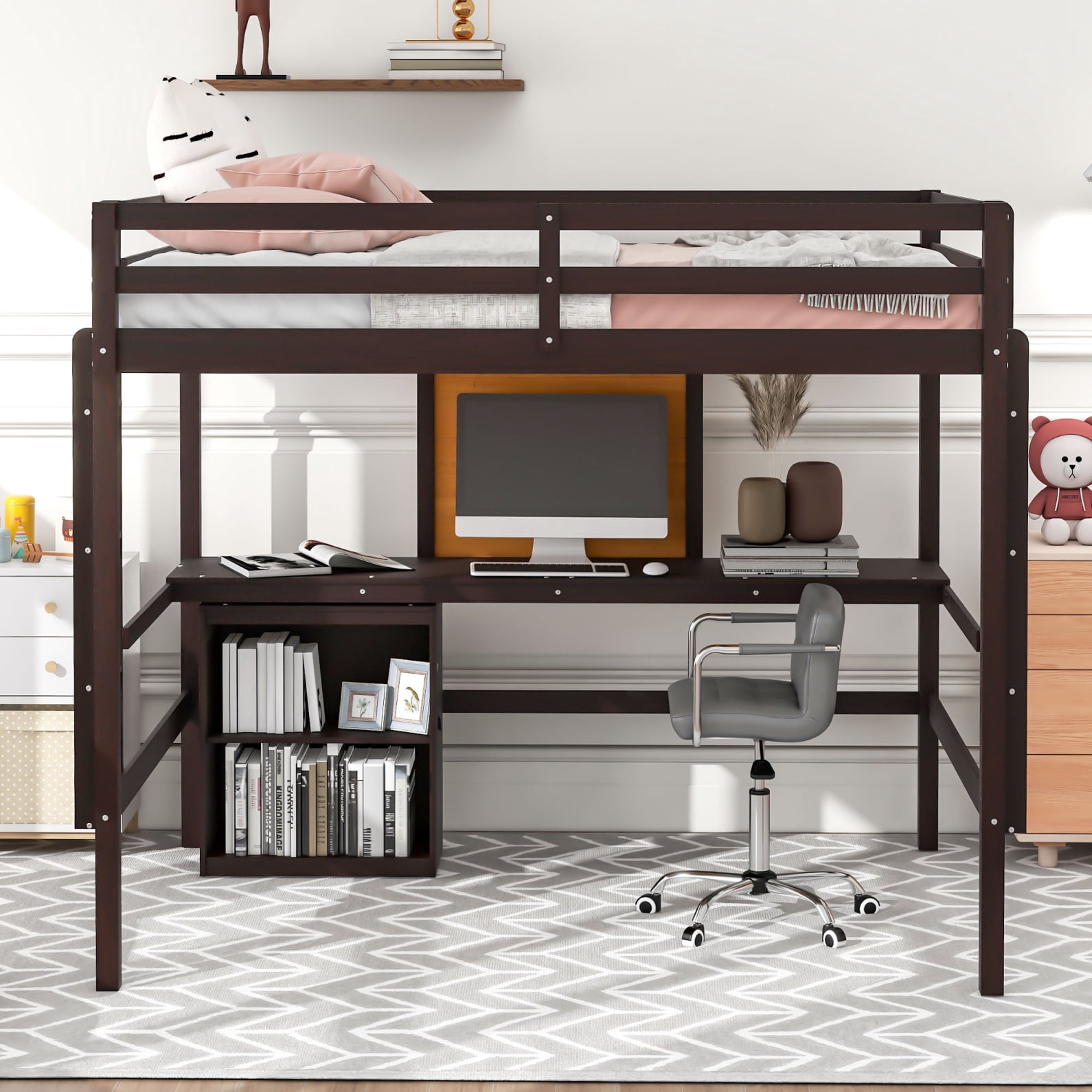 Full size Loft Bed with Desk,2 Drawers Cabinet and Writing Board ...