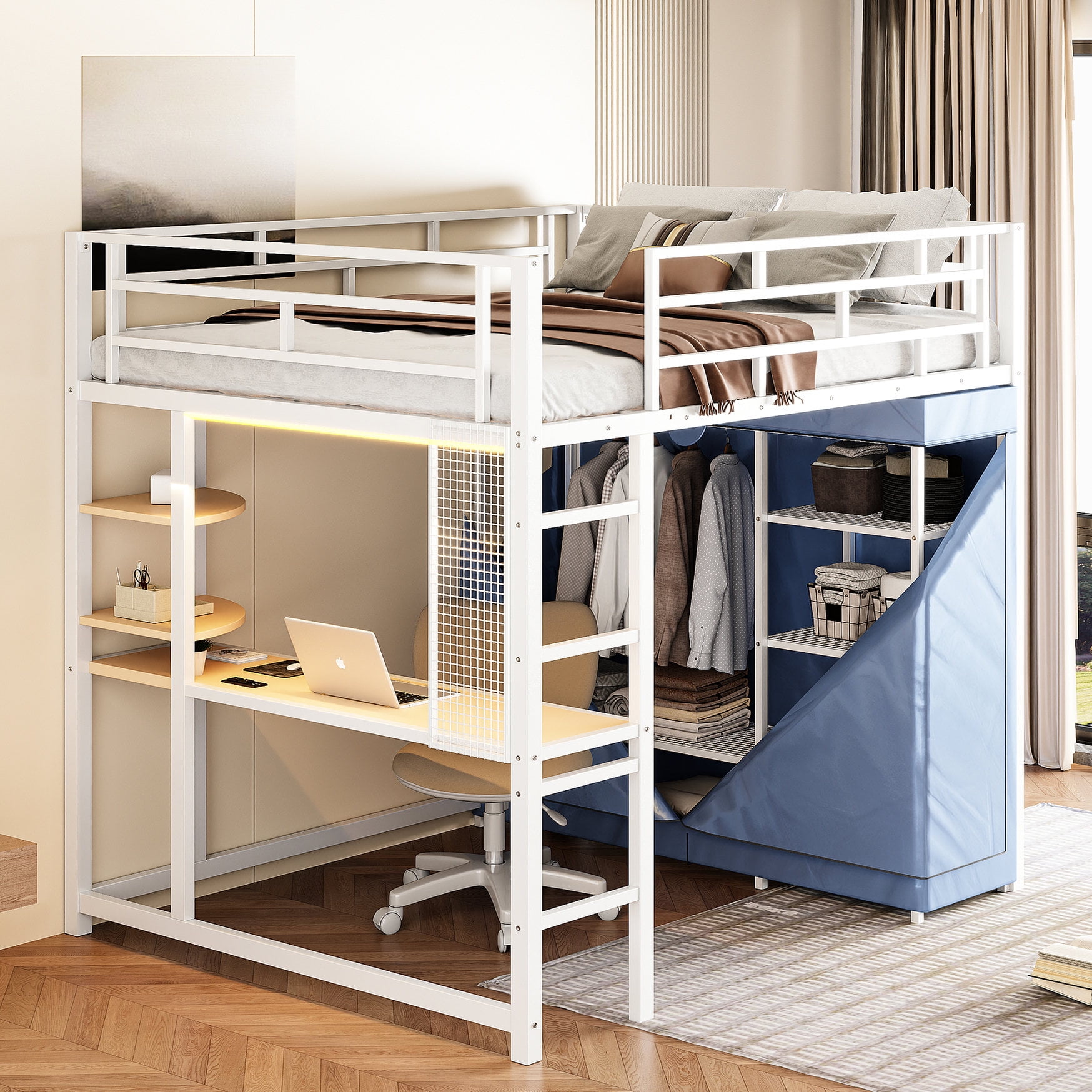 Full-size Loft Bed with Metal Structure, Desk, Power Outlet and ...
