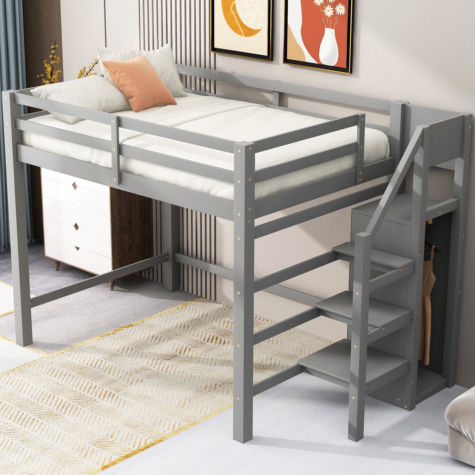 Full-size Pine Wood Loft Bed with Gray Staircase Storage - Store ...