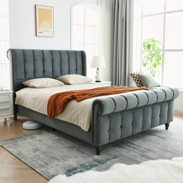 Full size Regal Chesterfield-Style Tufted Sleigh Bed with Textured ...