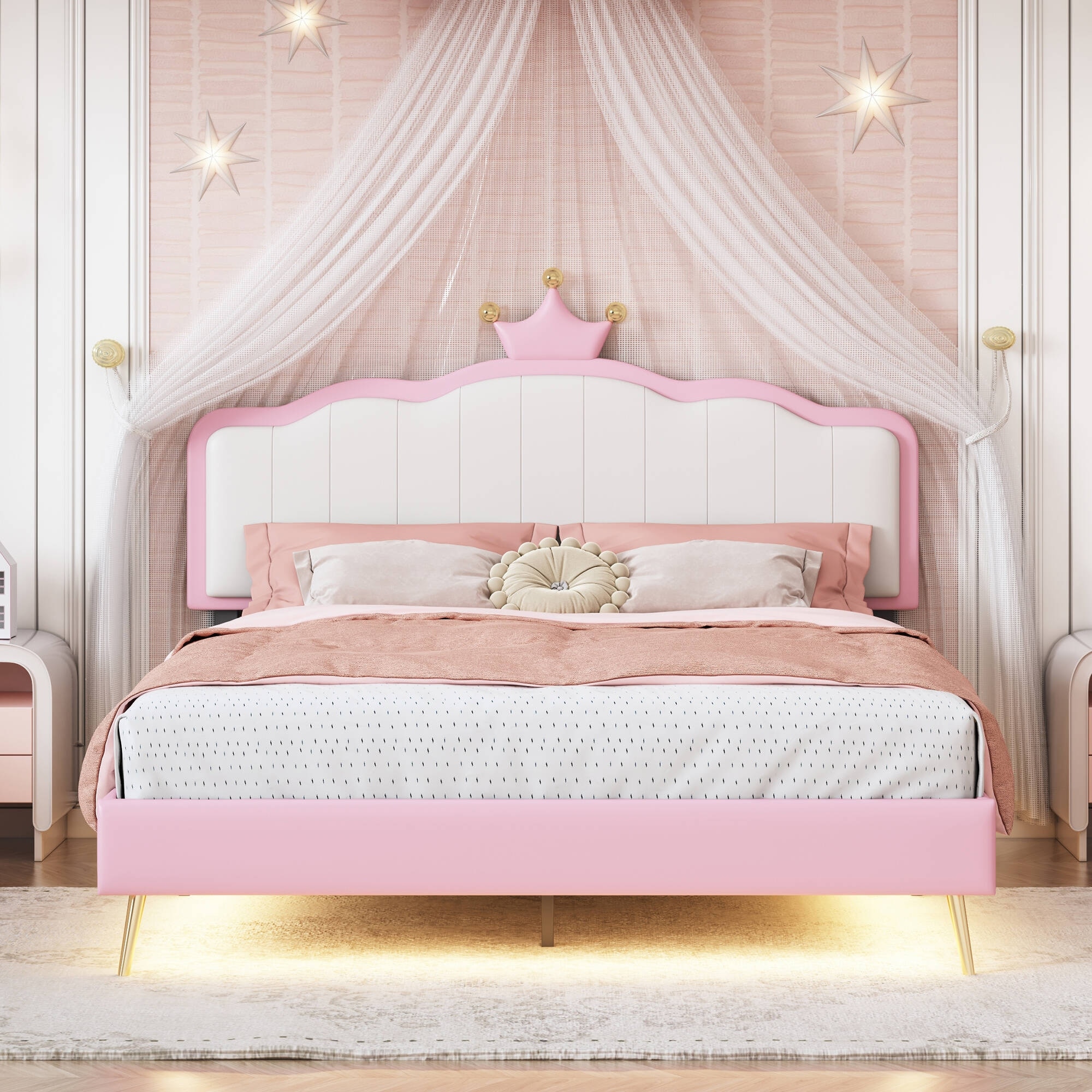 Full size Twin Size Upholstered Princess Bed With Crown Headboard with ...