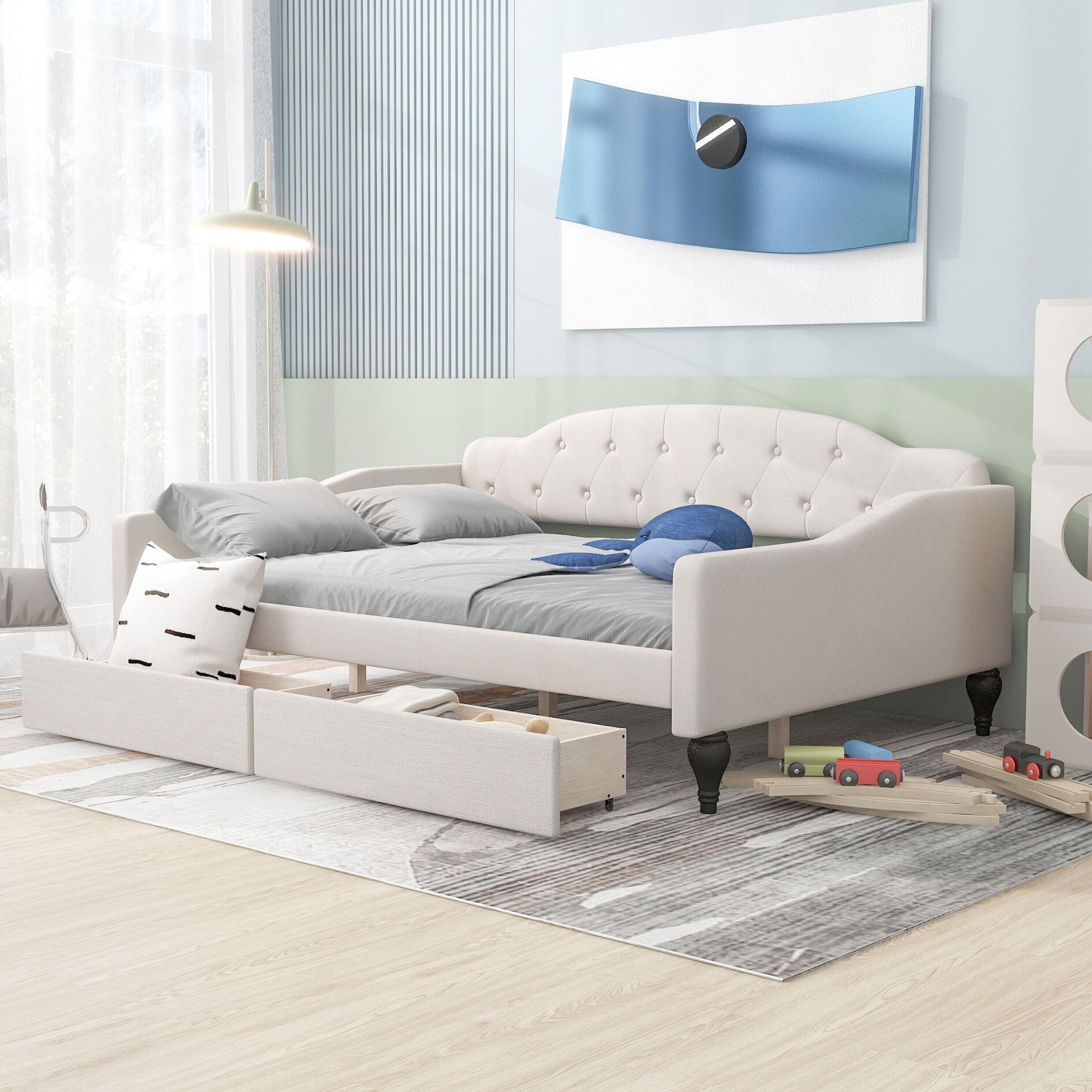 Full size Upholstered Daybed with 2 Storage Drawers, Linen Fabric ...