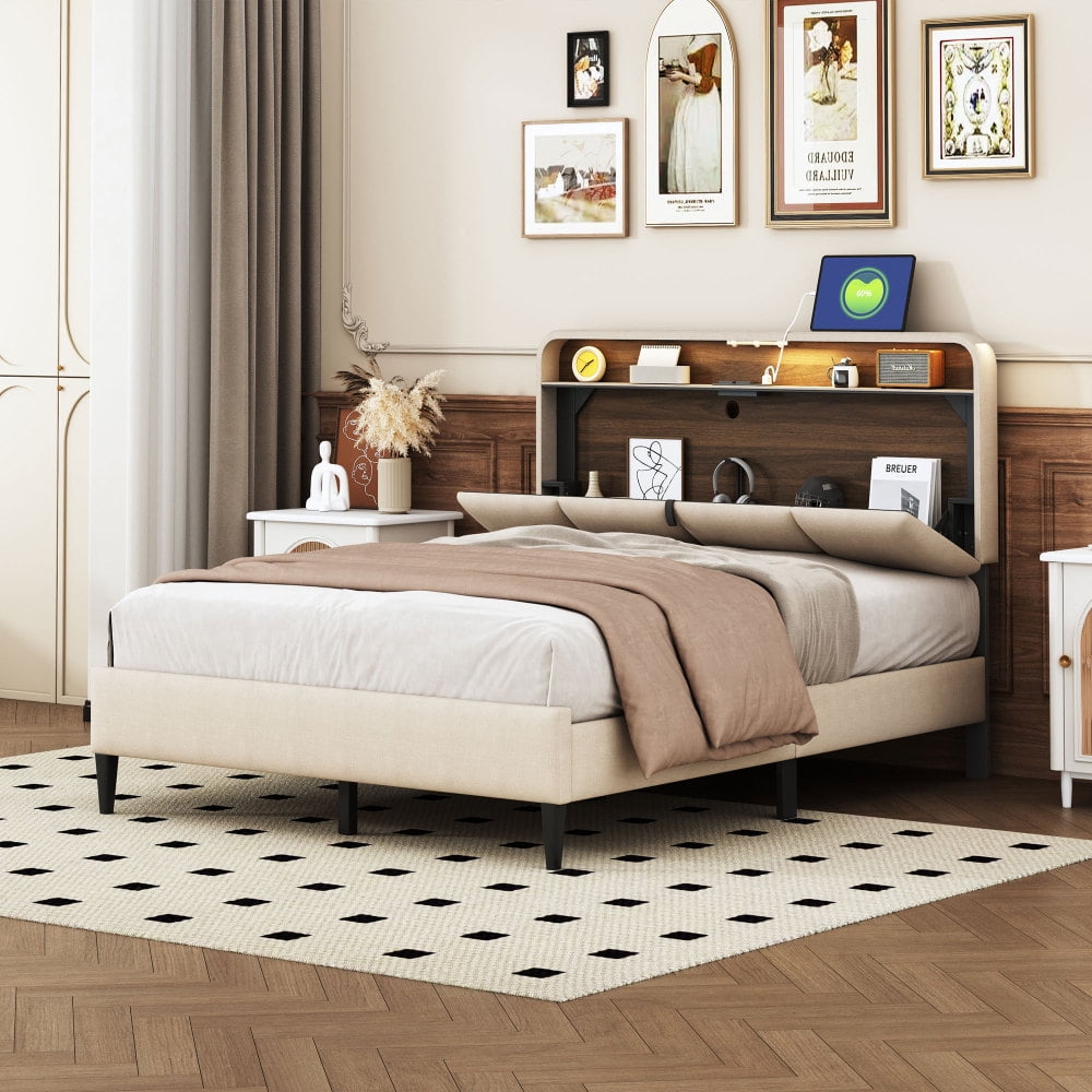 Full size Upholstered Platform Bed with Storage Headboard, Sensor Light ...
