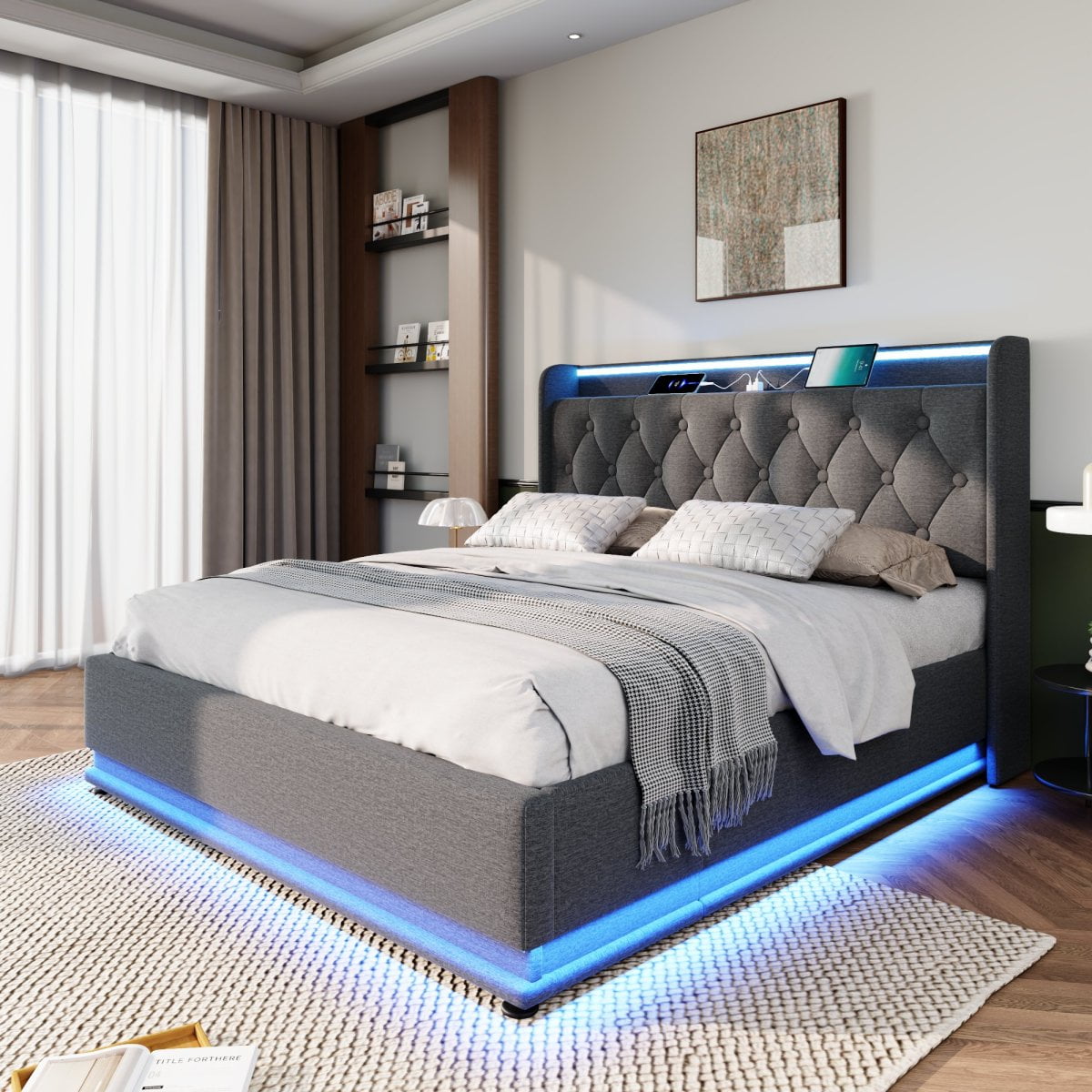 Full size Upholstered bed, 360 surround LED function, Buttons/Apps ...