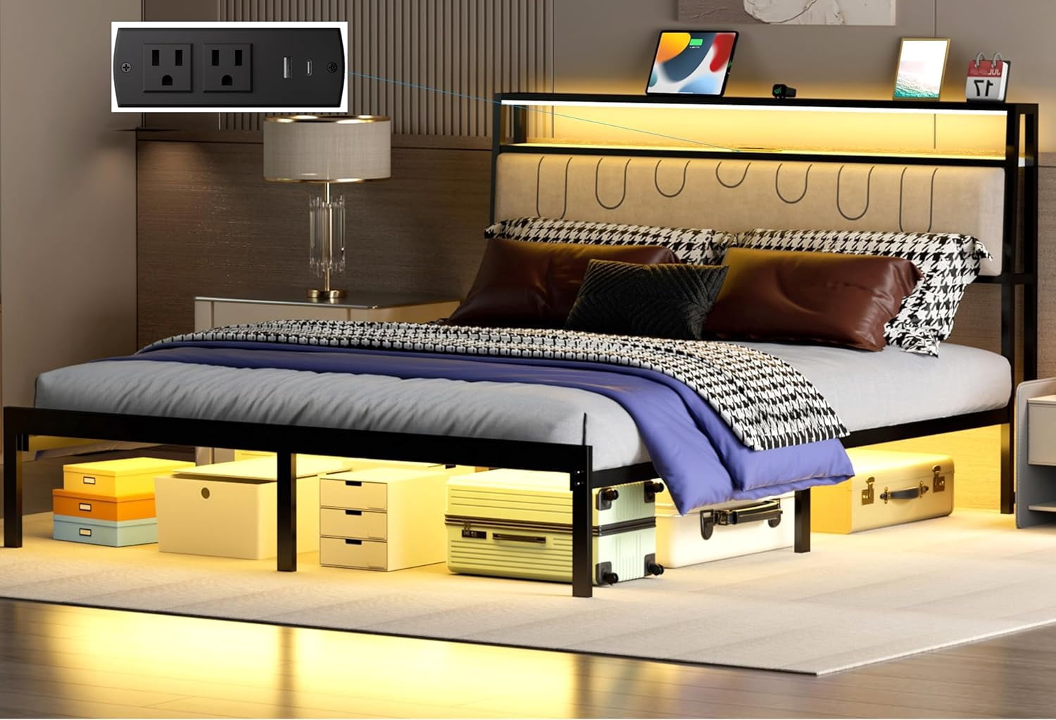 Full size bed frame with led lights, Metal Platform Frame Upholstered ...