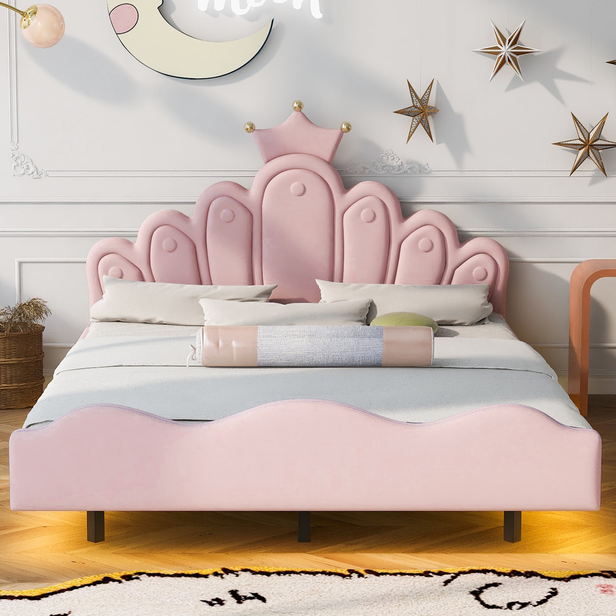 Full size crown-shaped princess bed, Upholstered Platform Bed with soft ...